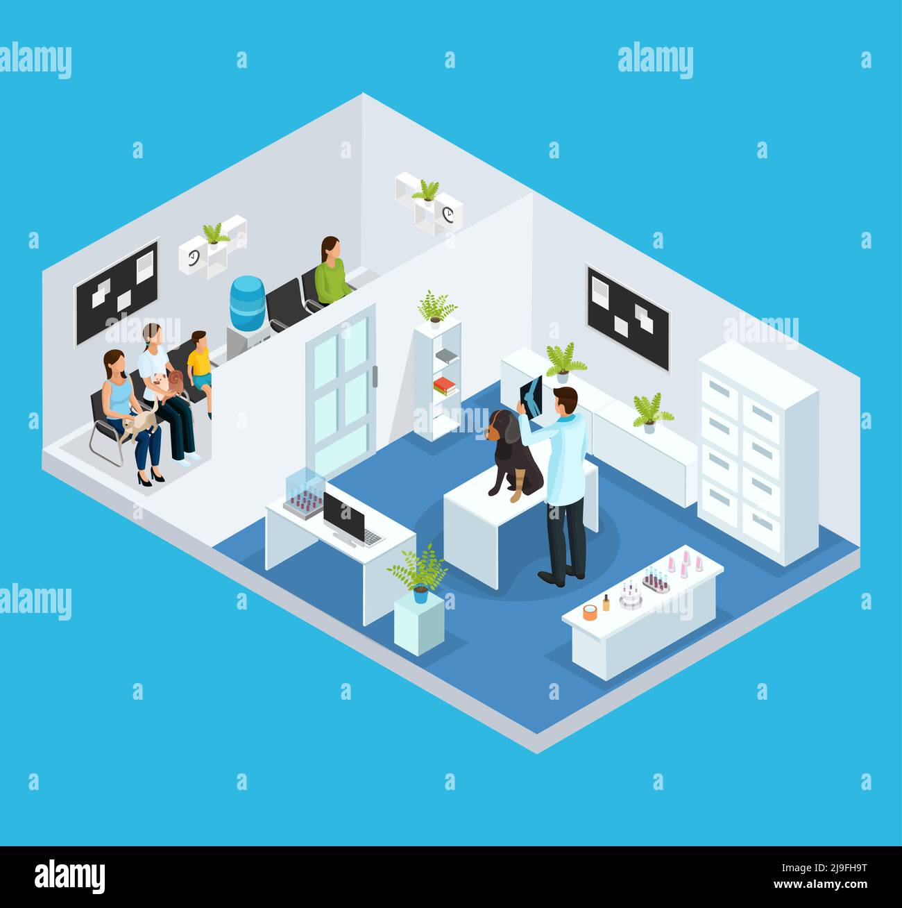 Isometric veterinary clinic concept with queue of people with their ...