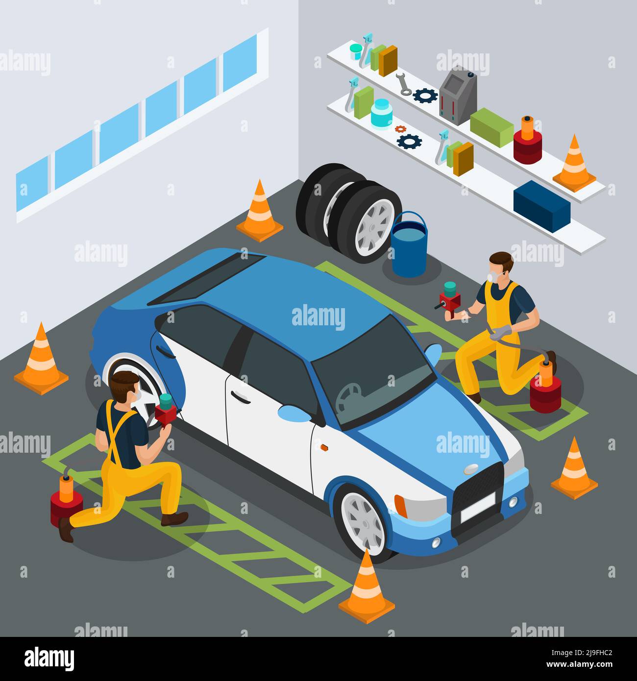 Isometric auto service concept with professional workers painting car ...