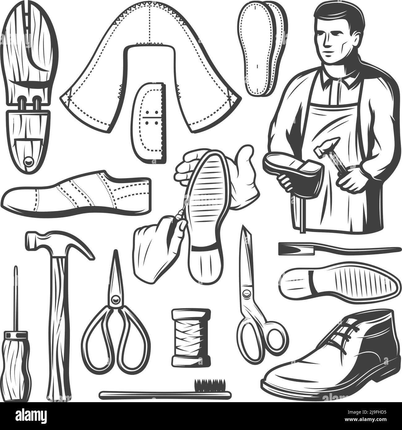 Vintage shoemaking elements set with shoemaker repairs boot hammer ...