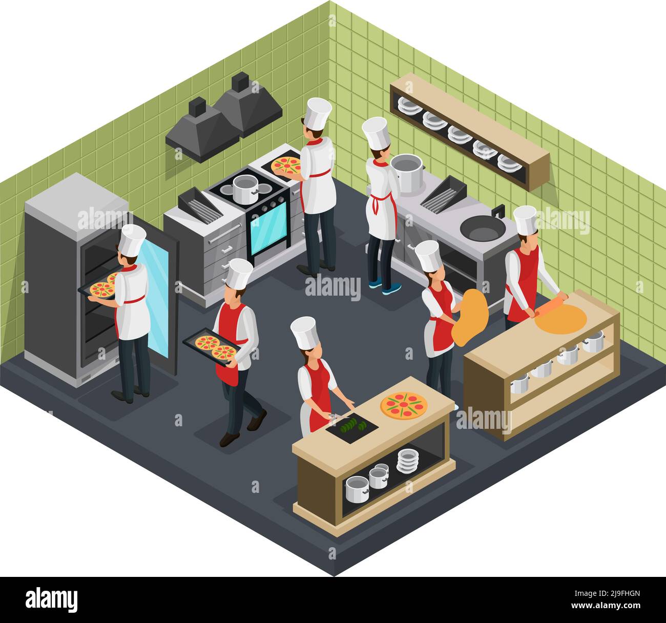 Isometric italian restaurant cooking room template with professional ...