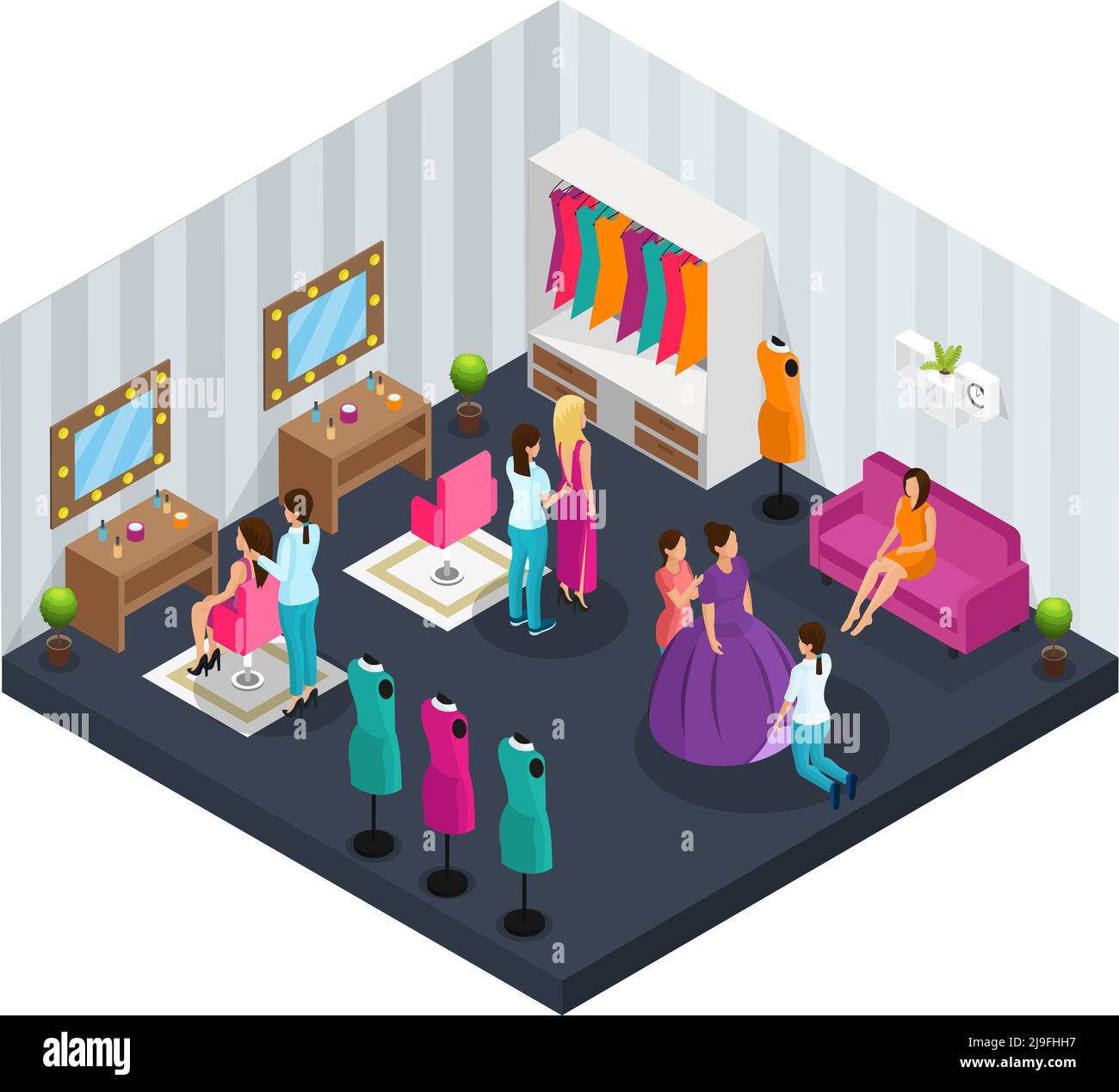 Isometric makeup room concept with dressers dressing actors for film ...