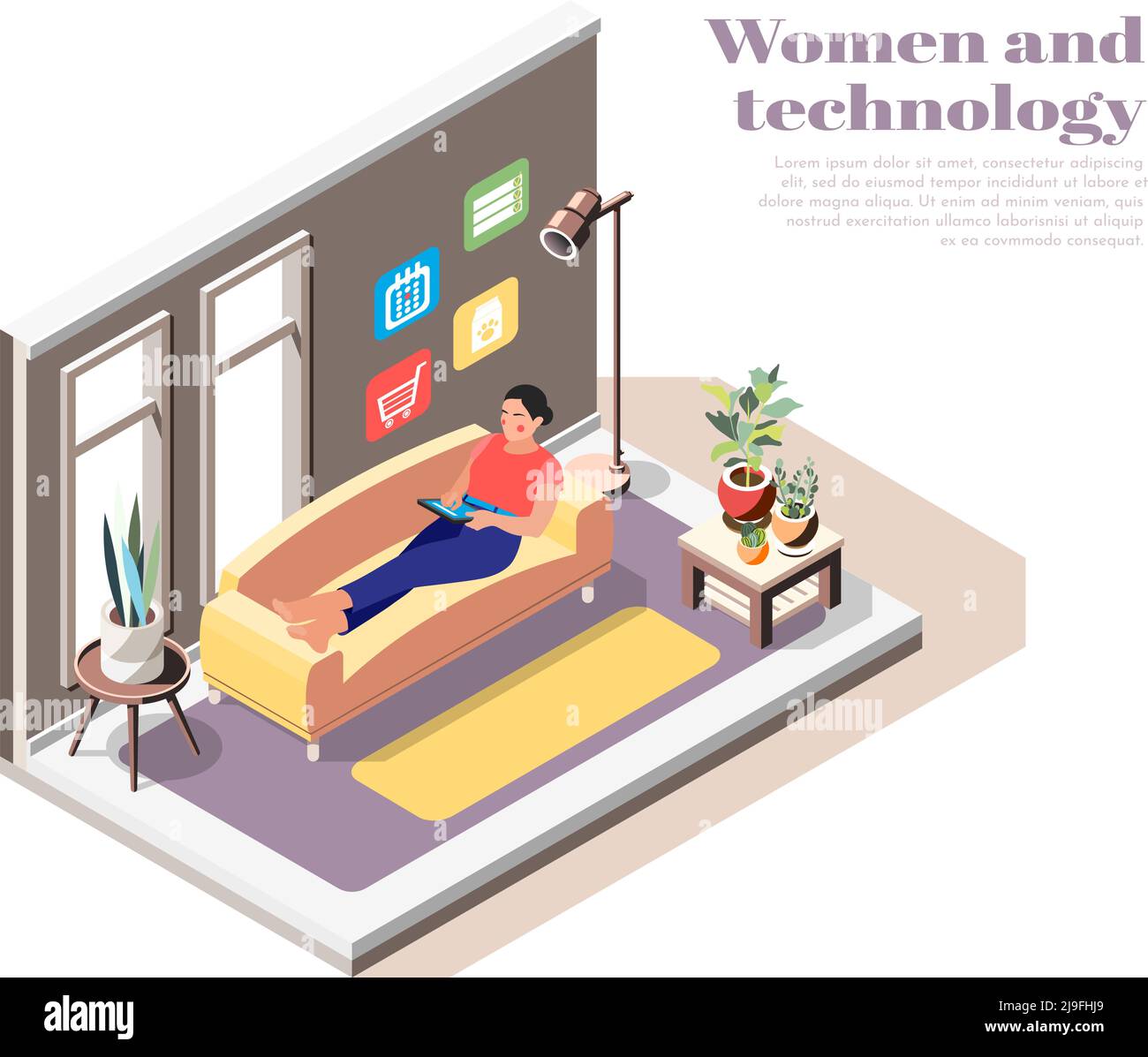 Using smartphone woman lying Stock Vector Images - Alamy