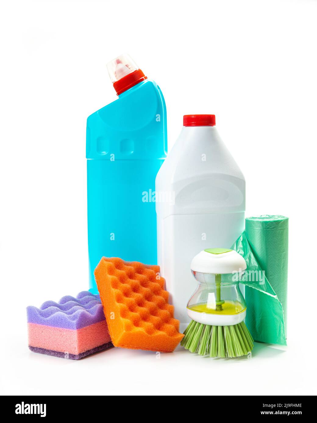 plastic bottle, cleaning sponges and gloves isolated on white ...