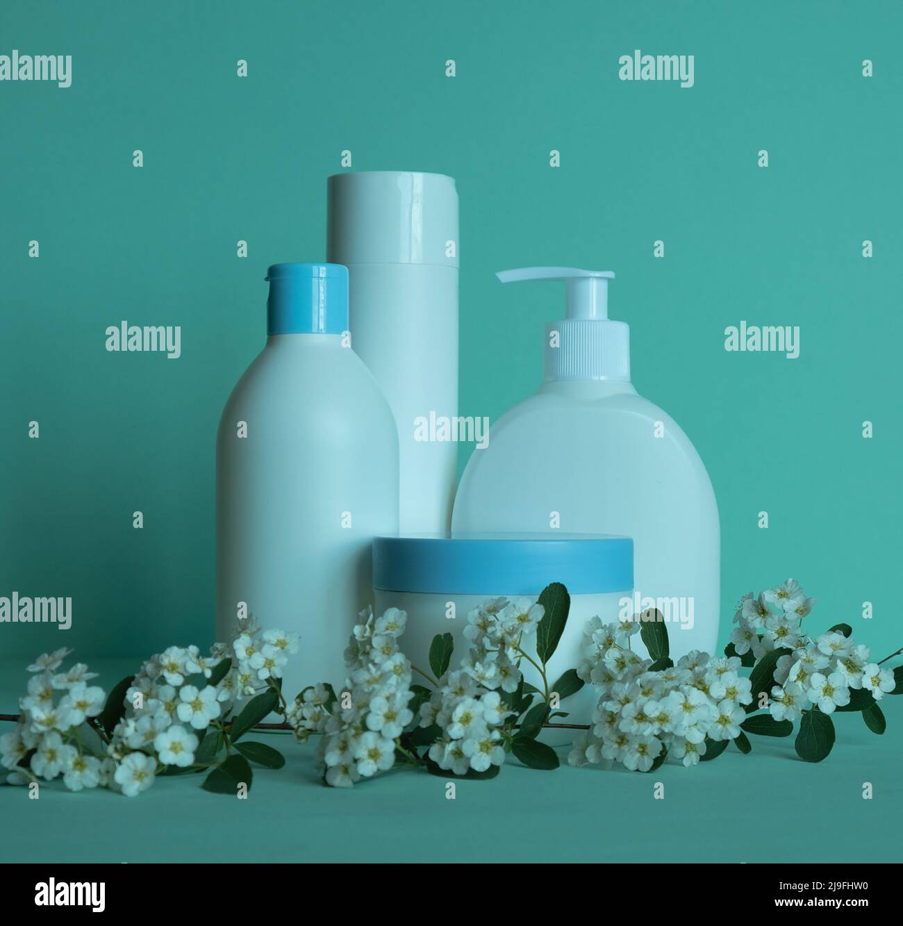 Bottles for cosmetic products without a label. Body care concept. Green ...