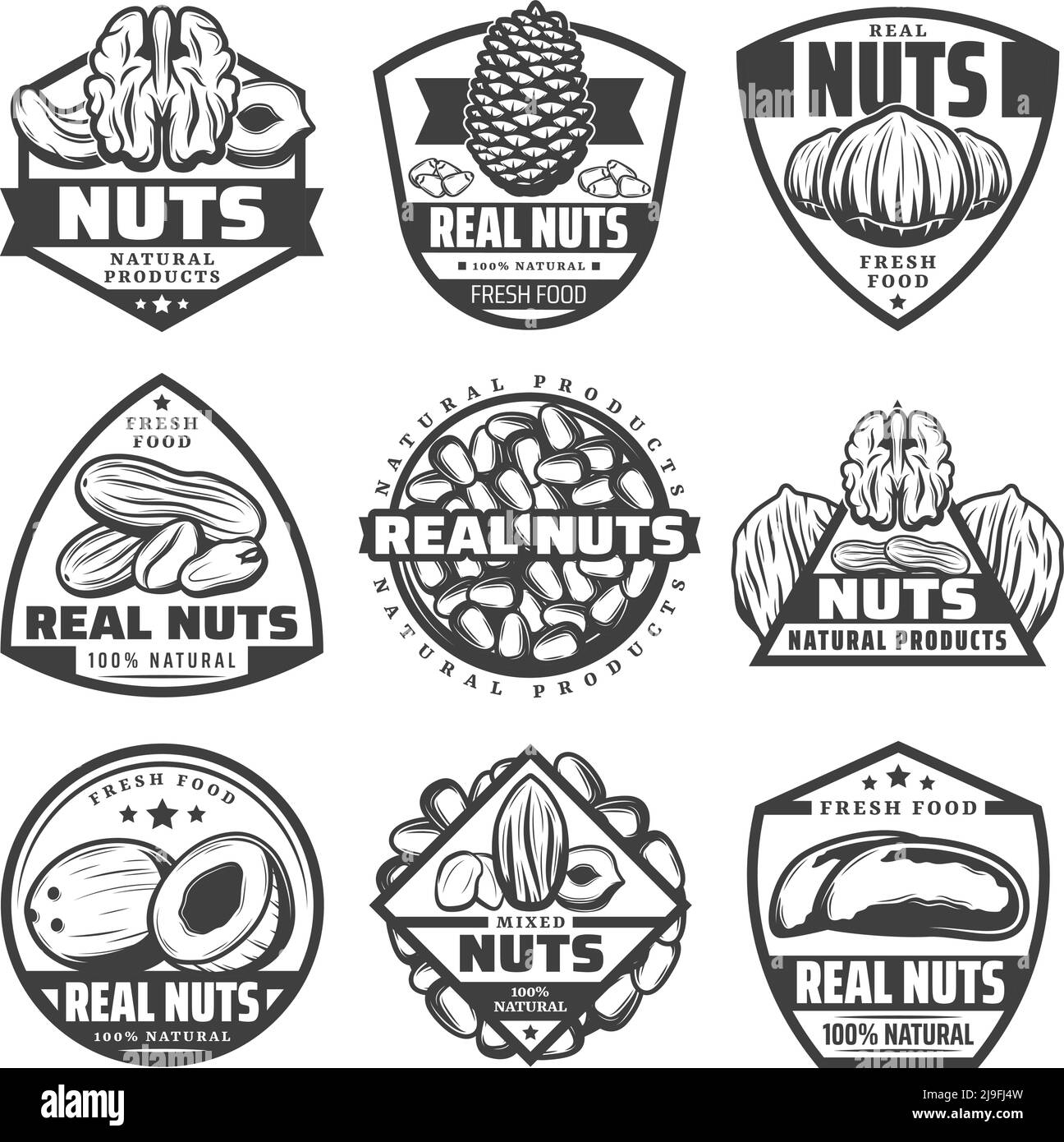 Vintage monochrome natural nuts labels set with walnut pecan hazelnut ...