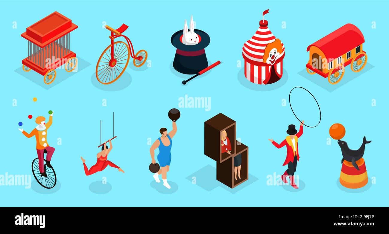 Isometric circus elements collection with cage bicycle trained animals ...