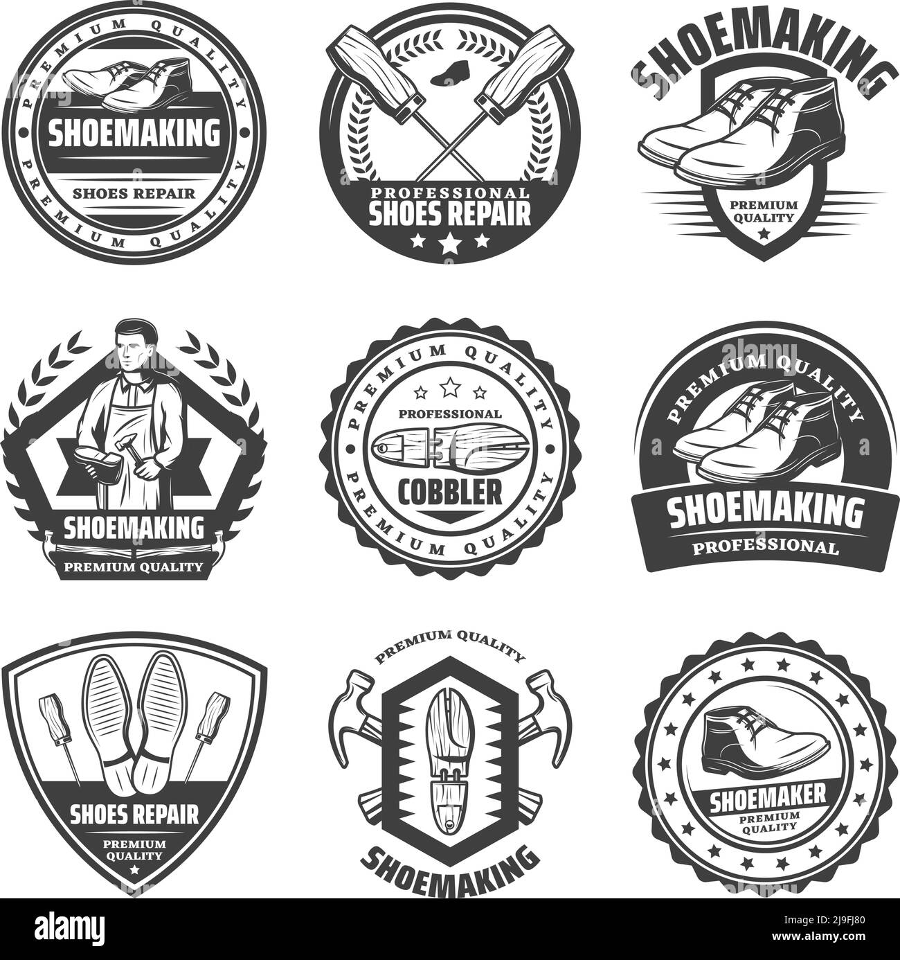 Vintage monochrome shoemaking emblems set with inscriptions cobbler ...