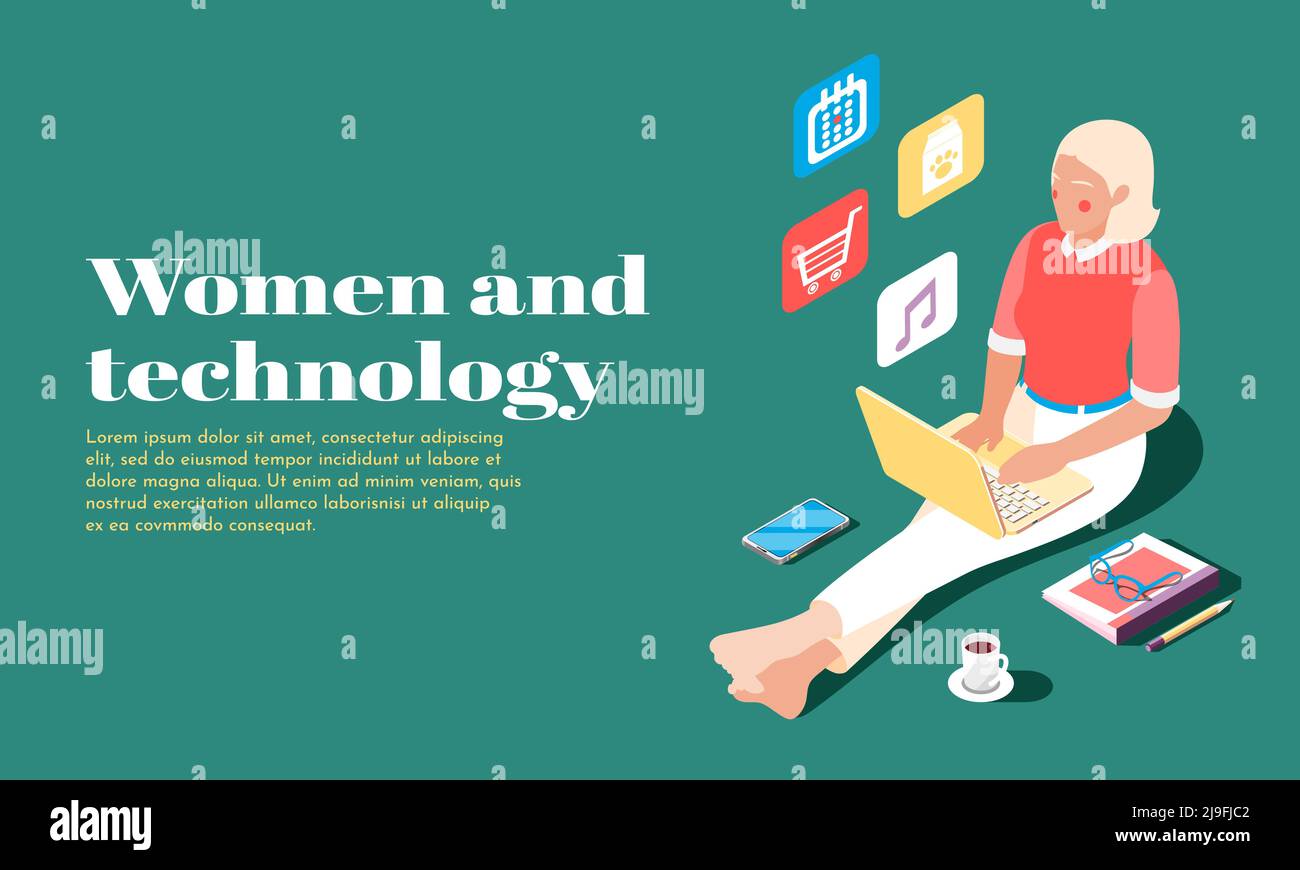 Women and technology isometric banner with female person using laptop ...