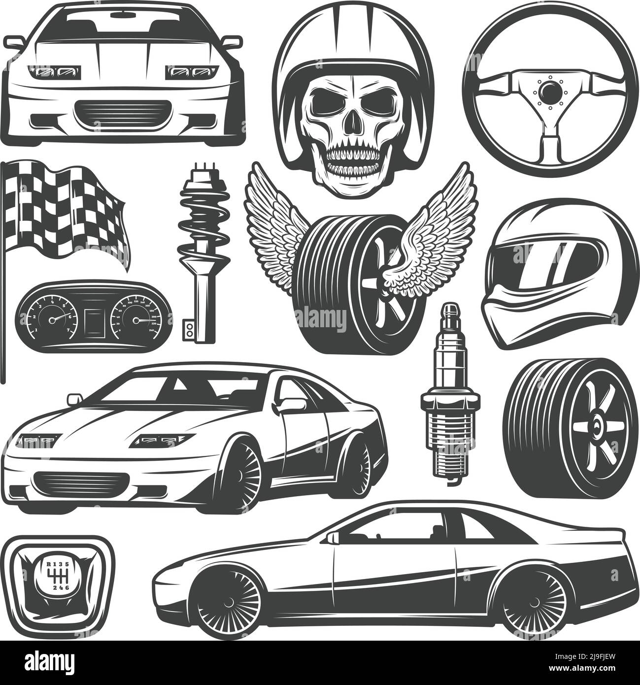 Vintage car racing icons set with automobiles steering wheel tires ...