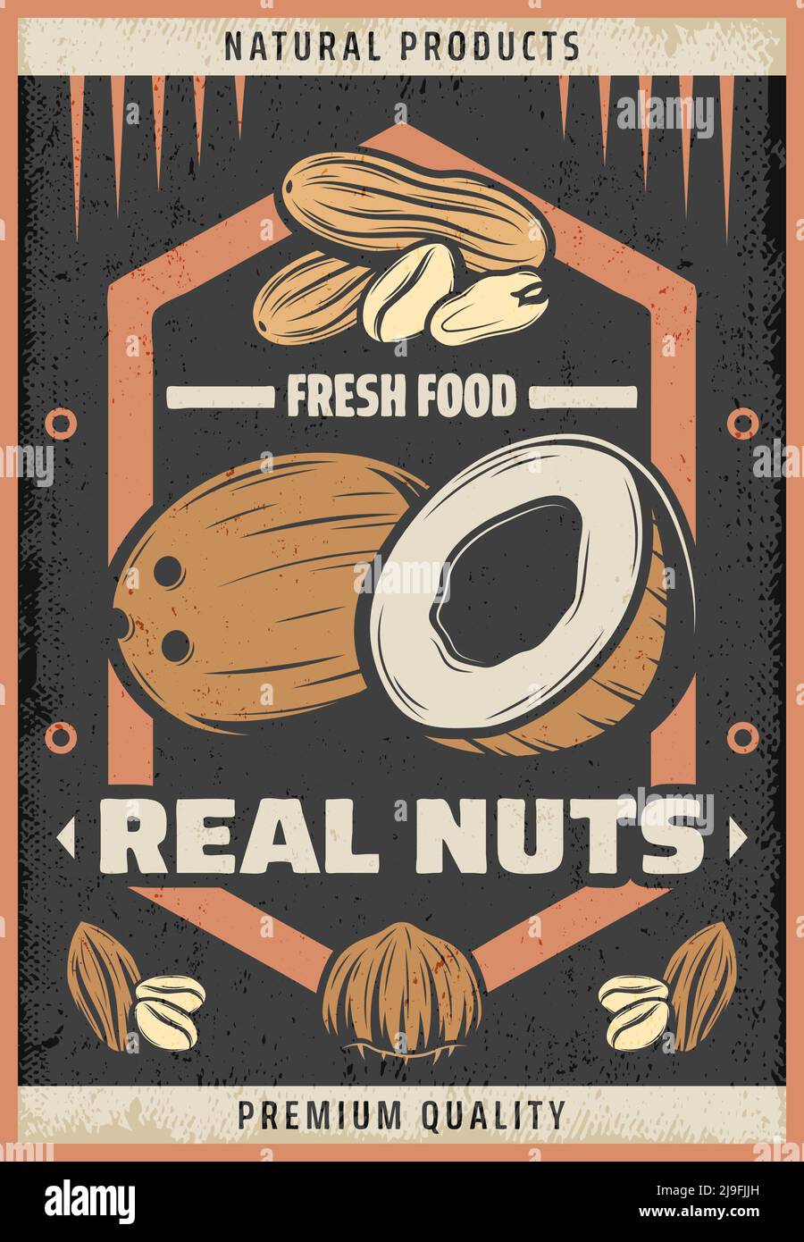 Vintage colored natural fresh nuts poster with inscription coconut ...