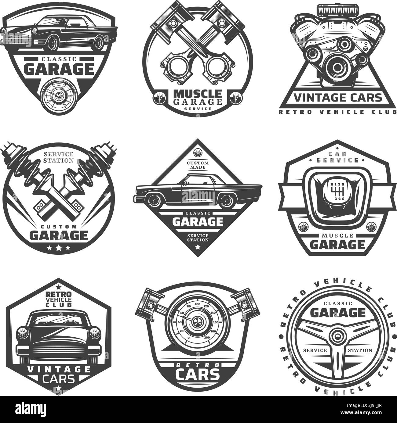 Vintage car repair service labels set with inscriptions and automobile ...
