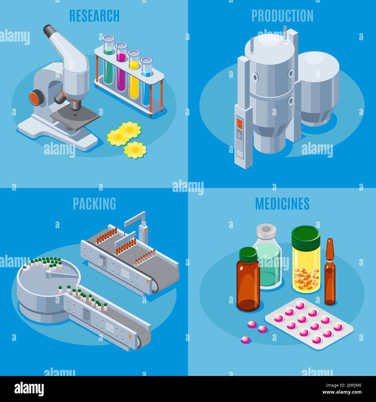 Isometric pharmaceutical industry square composition with microscope ...