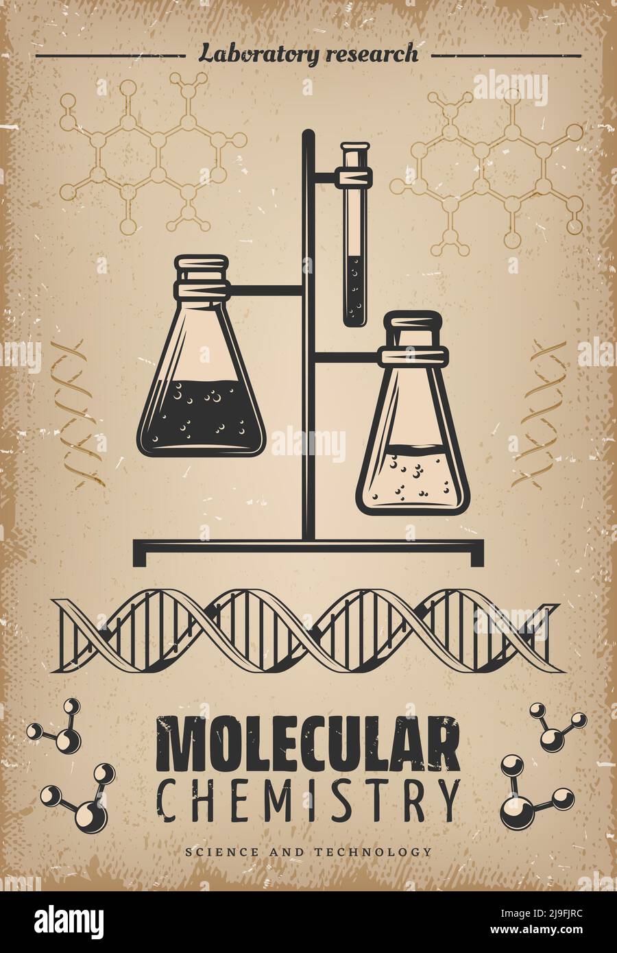 Vintage laboratory research poster with glass tubes flasks dna and ...