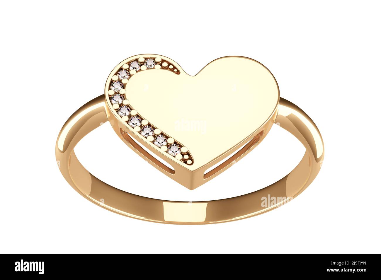 Gold diamond ring isolated on white background. Ring with heart and ...