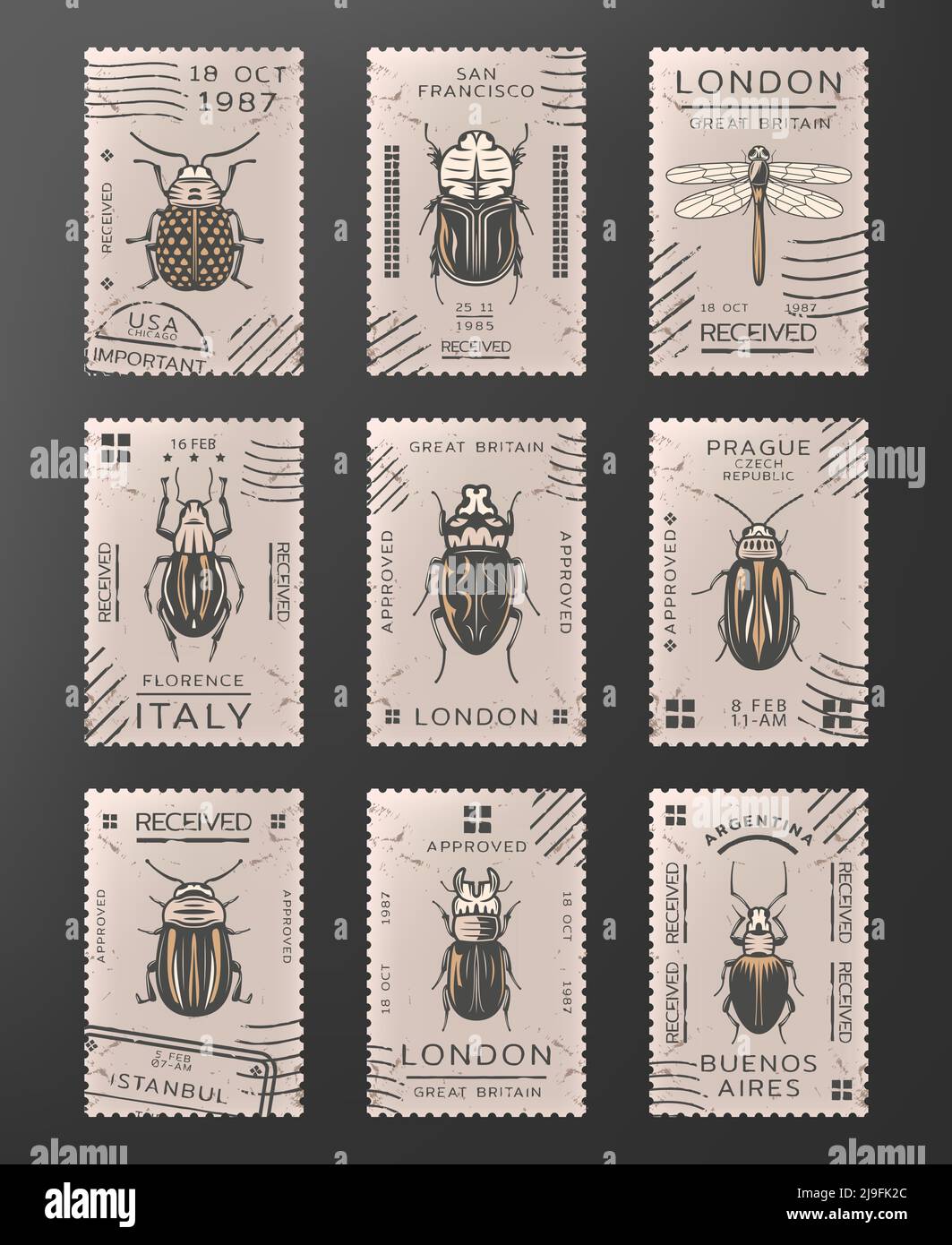 Vintage colored insects stamps set with dragonfly different types of ...