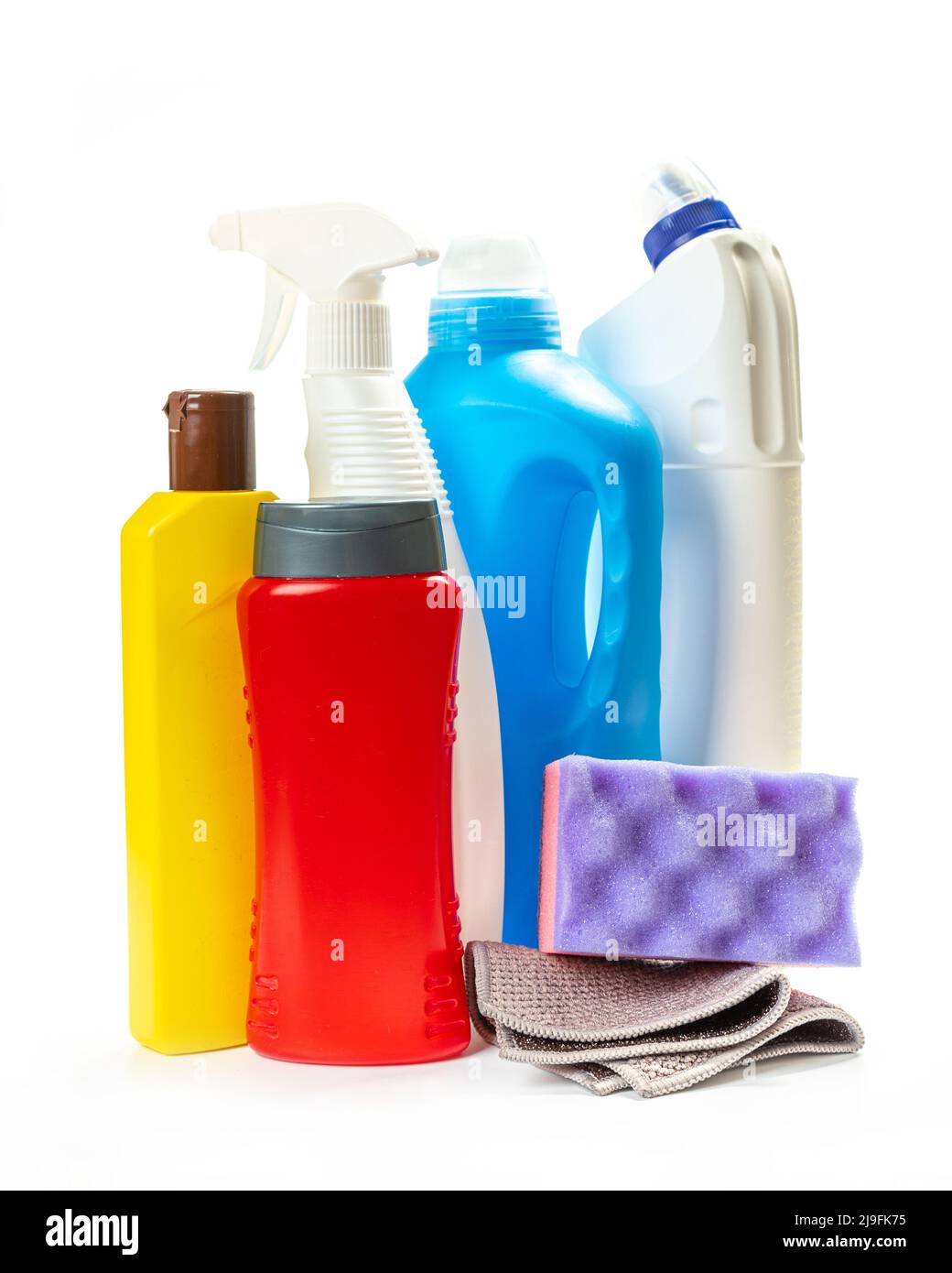plastic bottle, cleaning sponges and gloves isolated on white ...