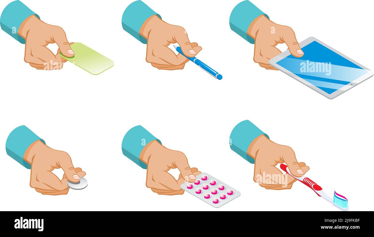 Isometric male hands hold set of card pen tablet coin pills and ...