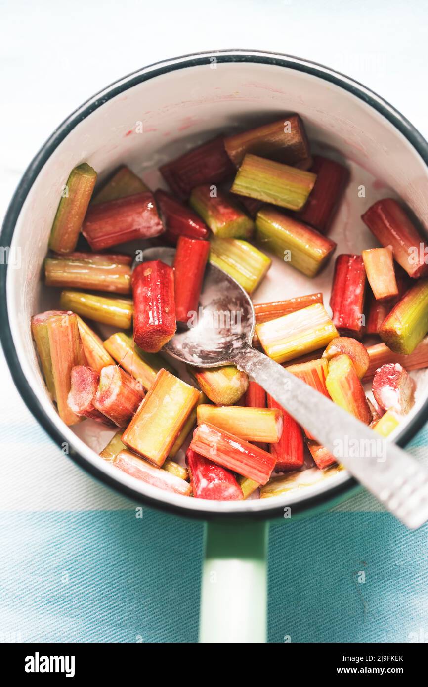 Rhubarb cut in the pot Stock Photo - Alamy