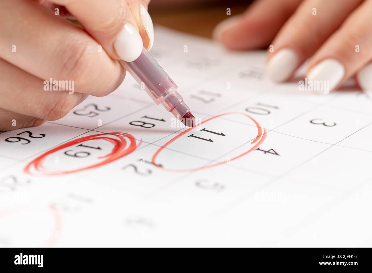 female hand marking with a red pen on a calendar circles the day ...