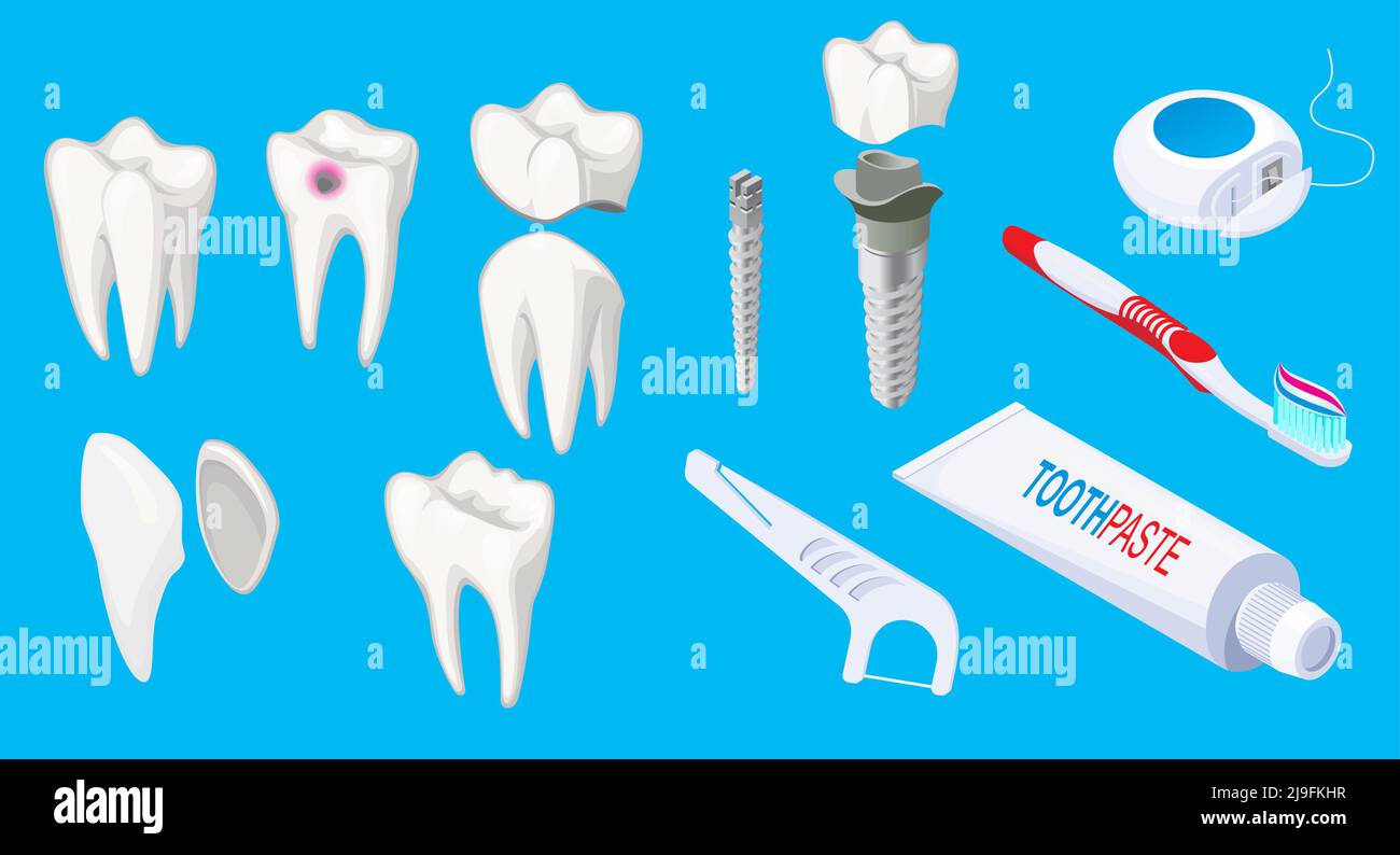 Isometric dental elements set with sick and healthy teeth implants ...