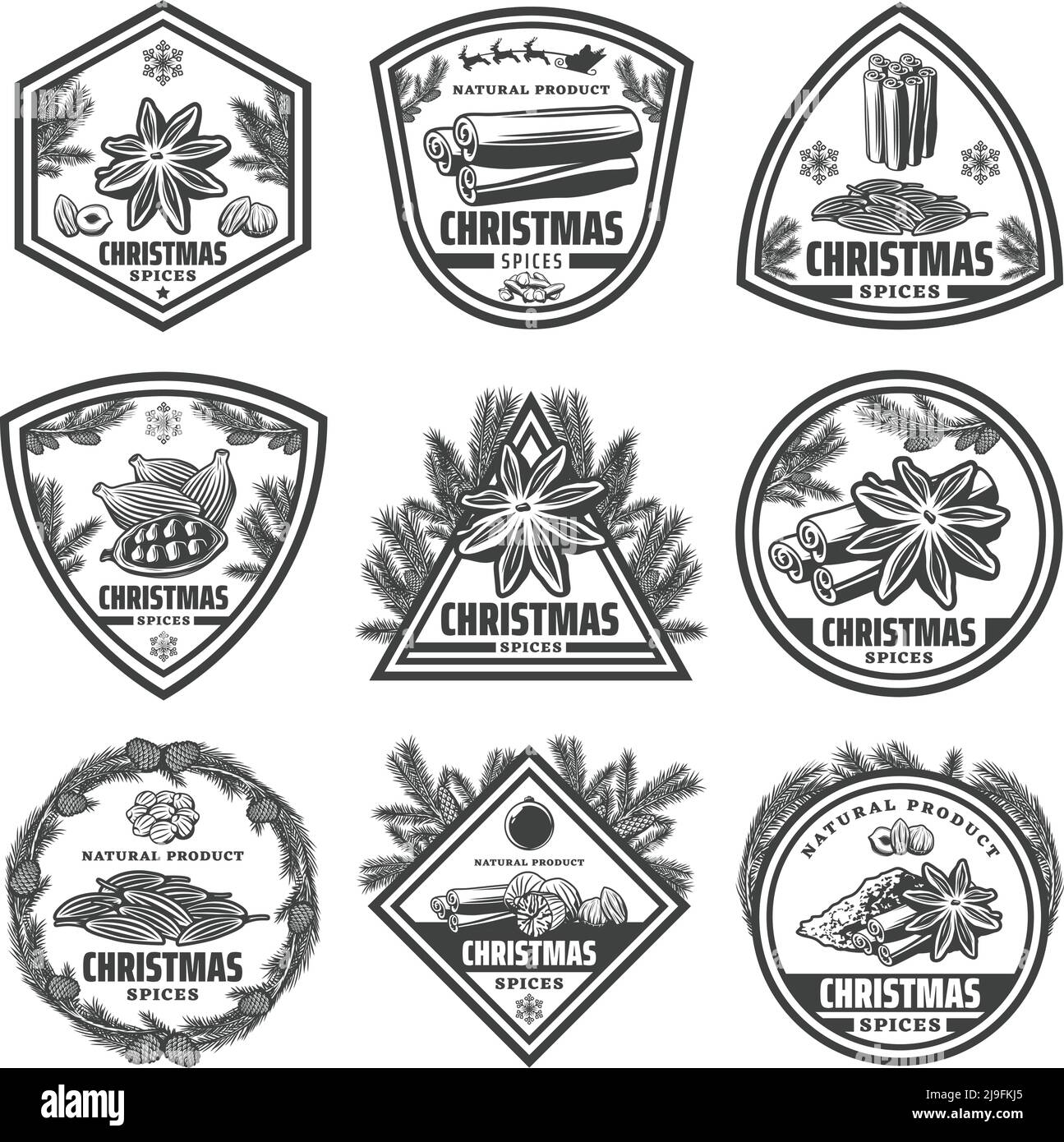Vintage monochrome Christmas spices labels set with cardamom cumin star ...