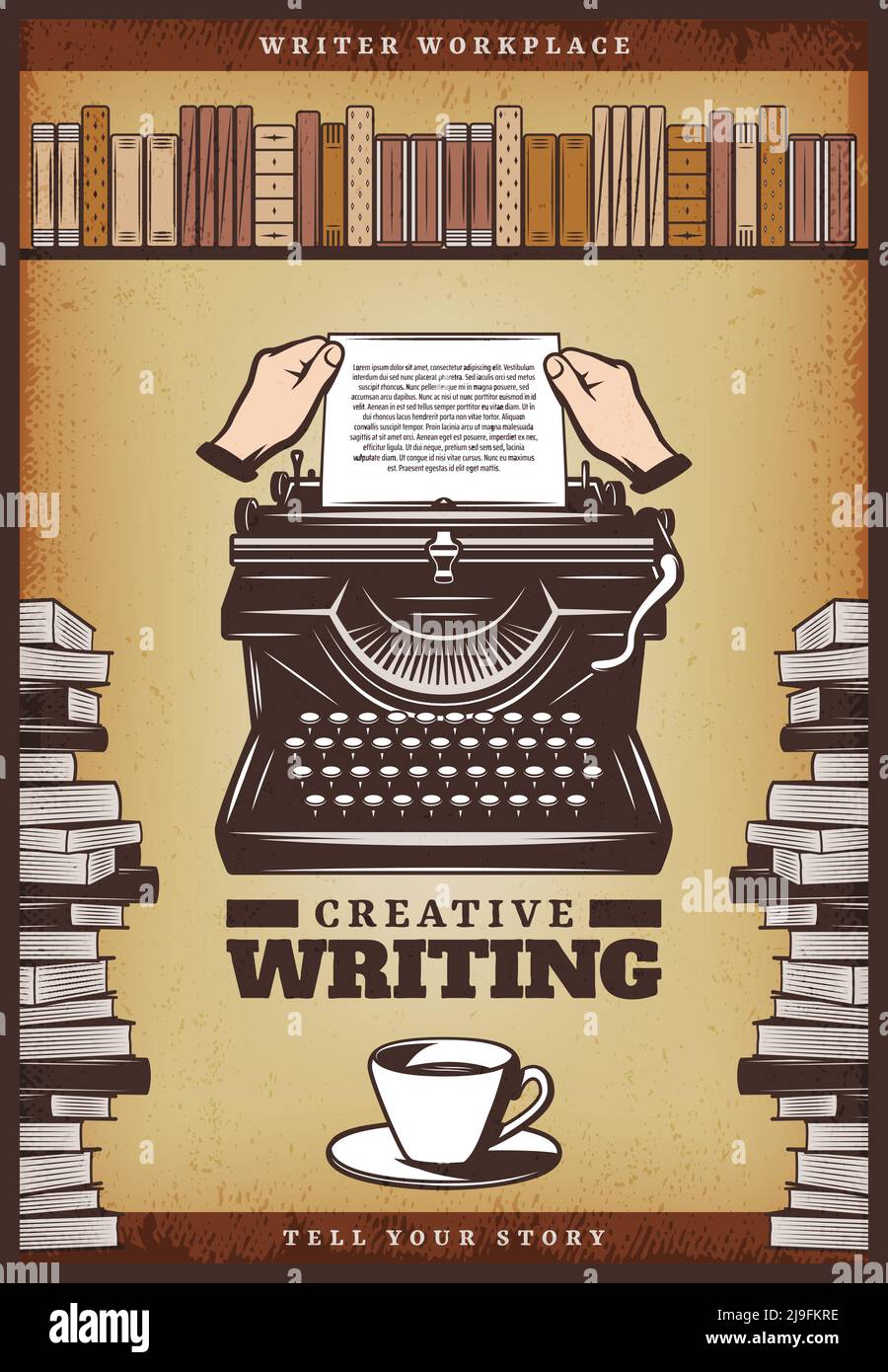Vintage colored writer poster with hands insert paper in typewriter ...