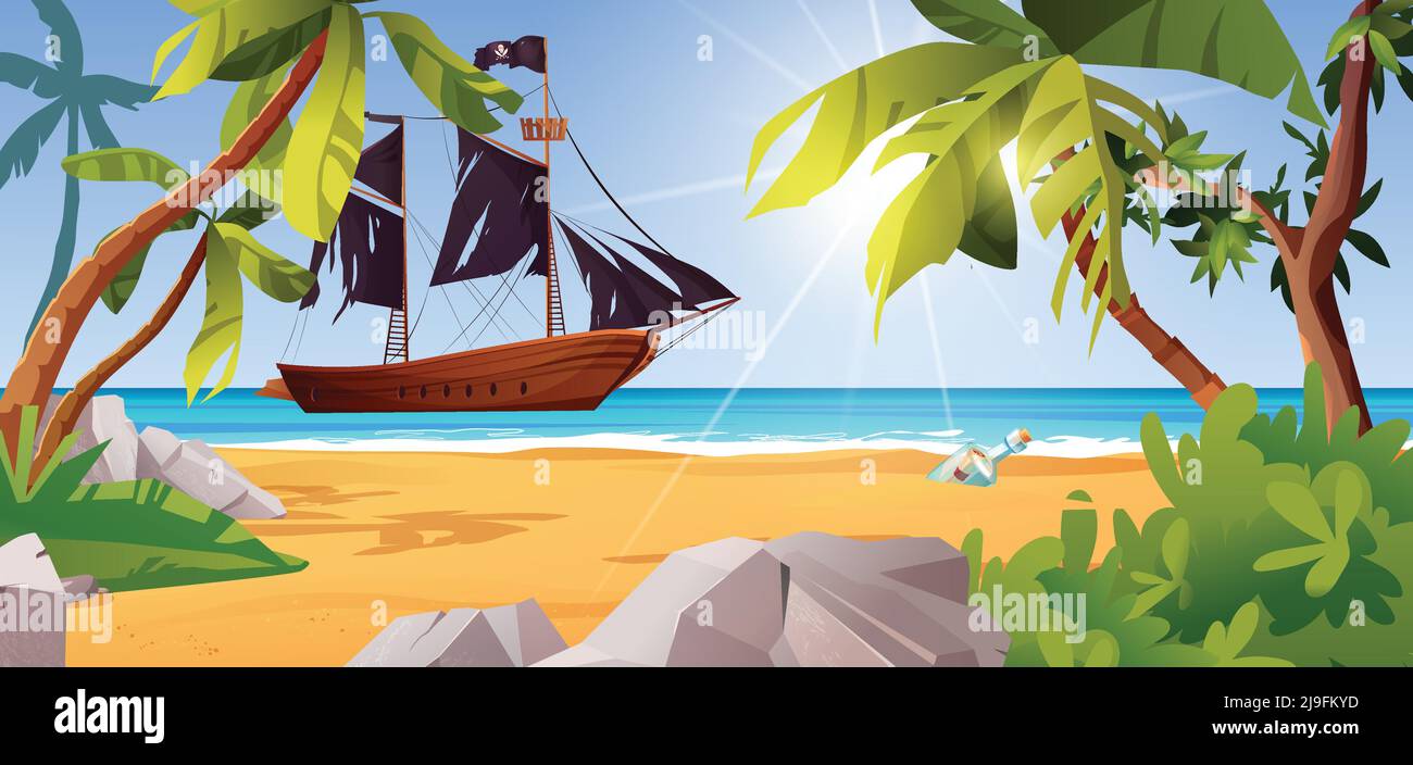 Pirate ship near the island. Palm trees, stones, sea or ocean, bushes ...