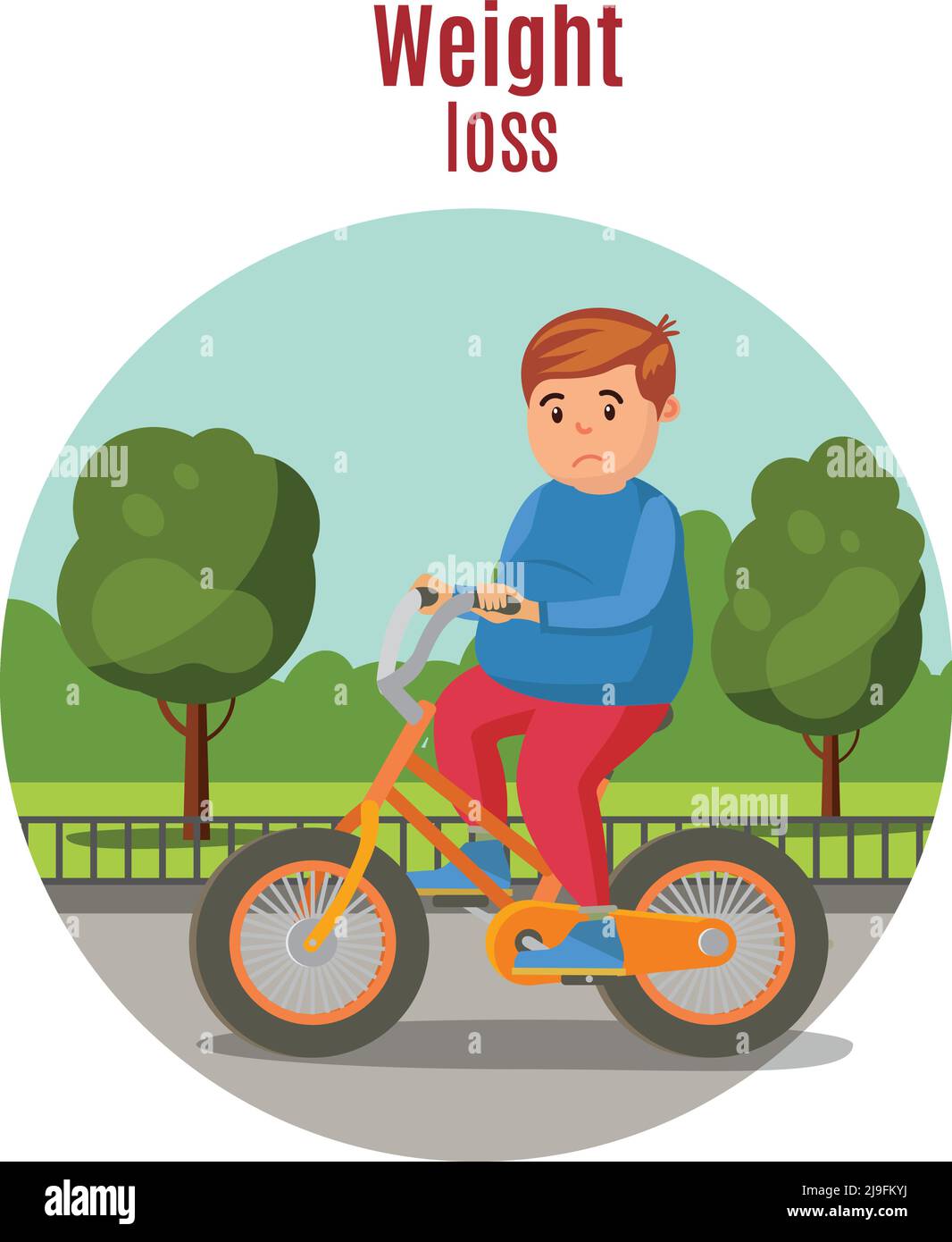 Weight loss colorful concept with fat sad man riding bicycle in city ...