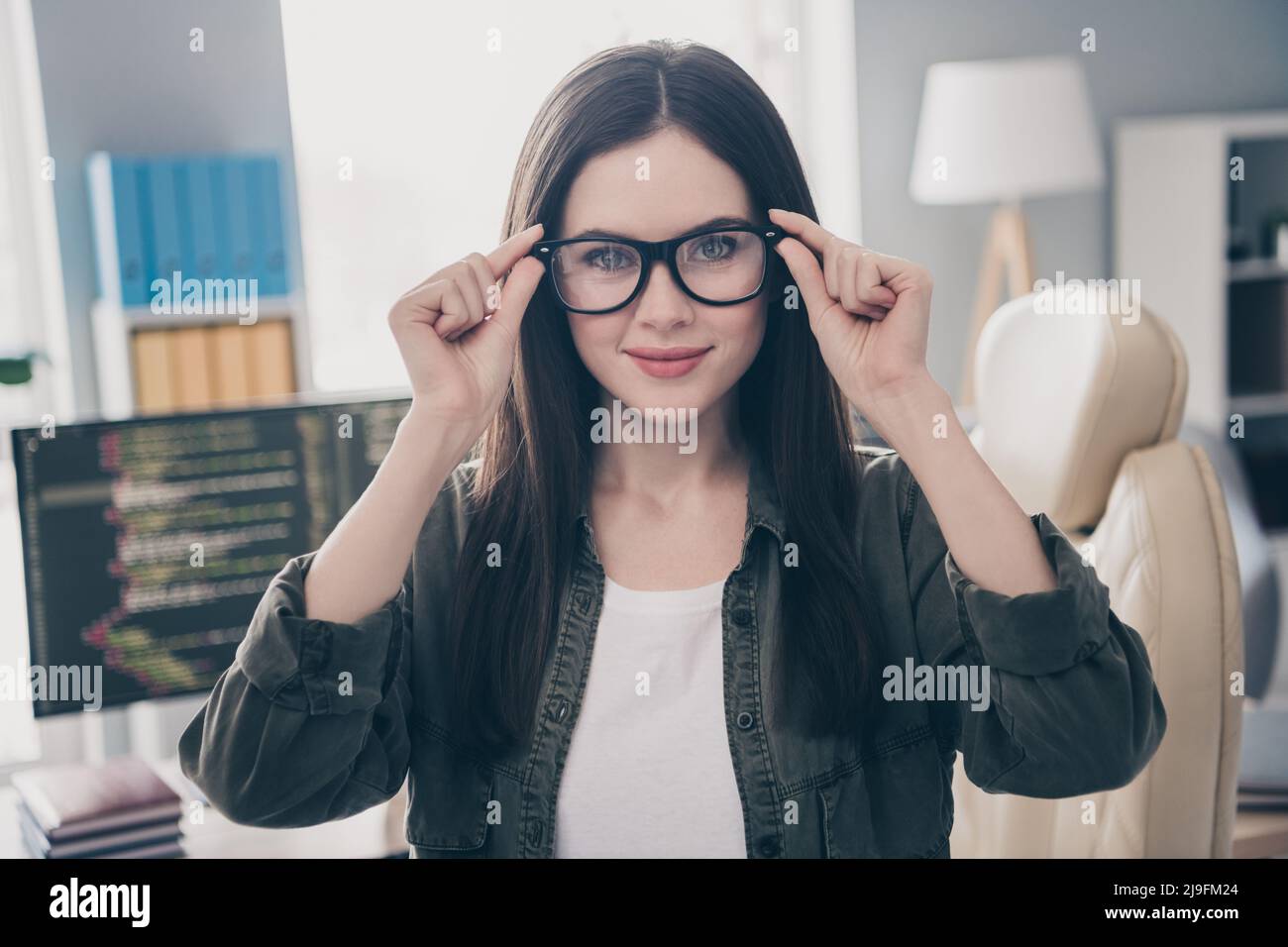 Portrait of attractive skilled girl hr expert nerd remote support agent ...