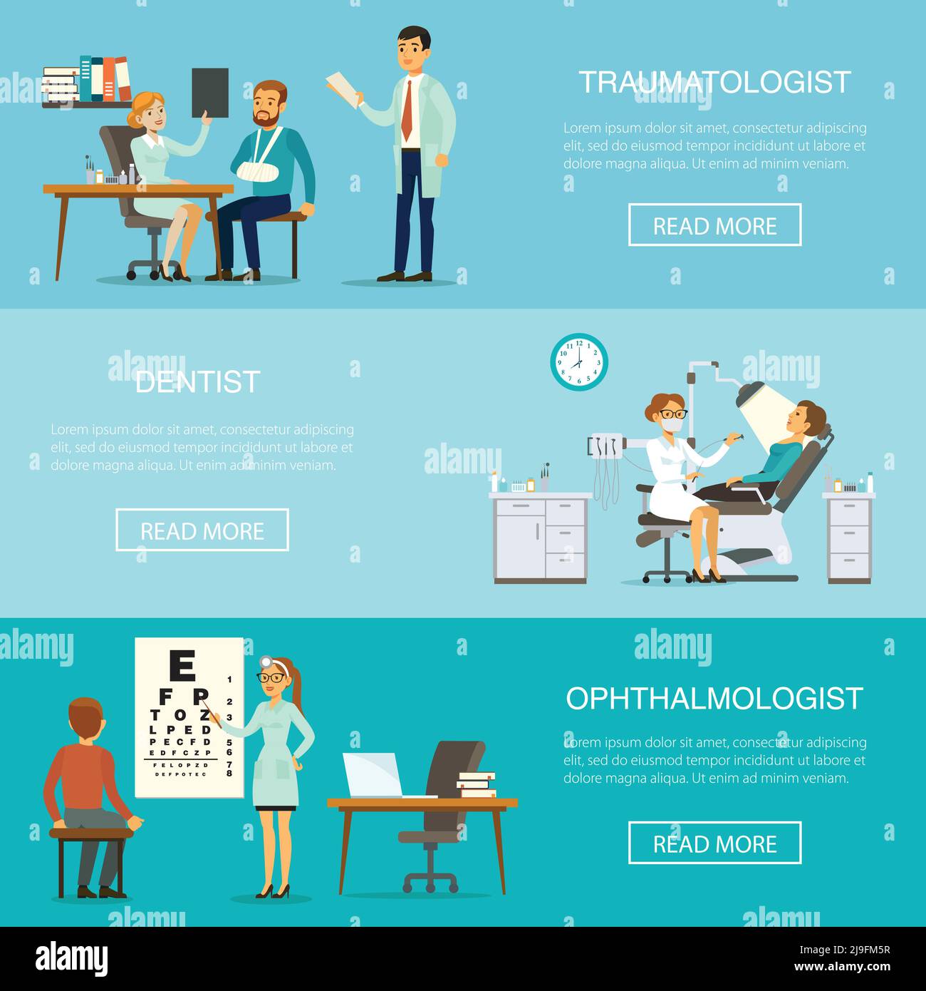 Medical examination horizontal banners with patients visiting ...