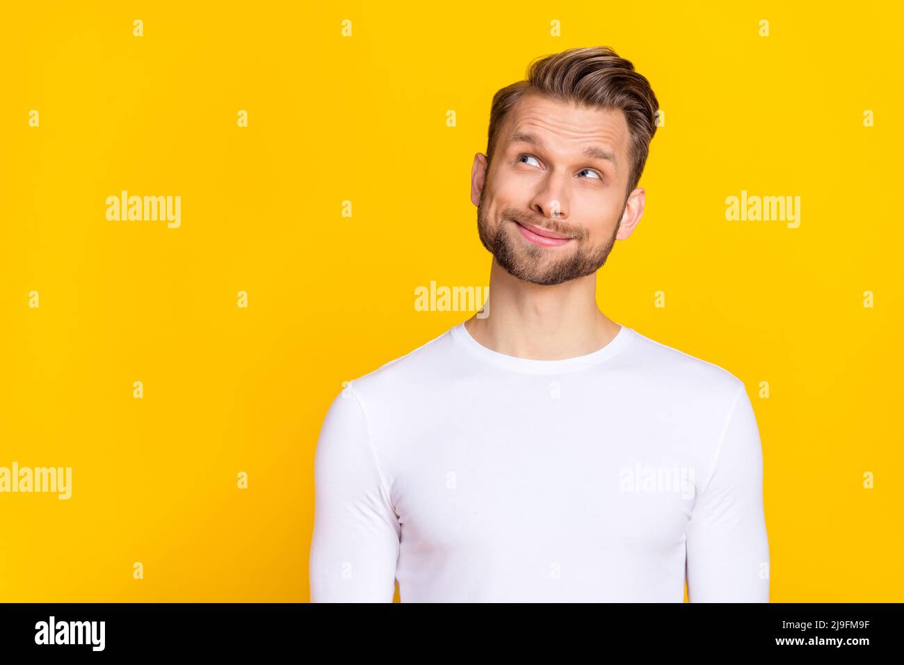 Portrait of positive minded person look interested empty space isolated ...