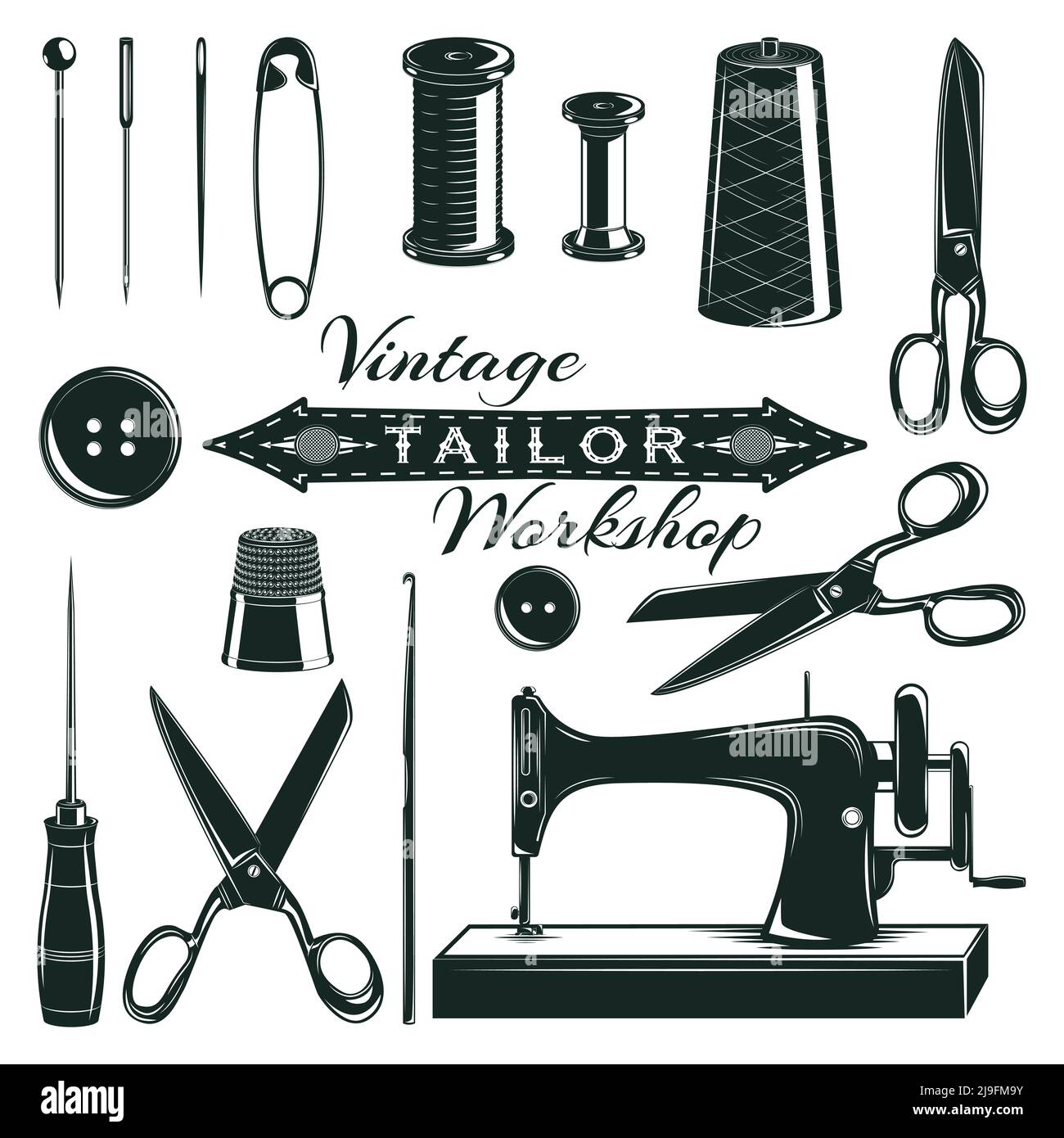 Vintage Tailor Elements Set With Buttons Sewing Machine Pin Needles
