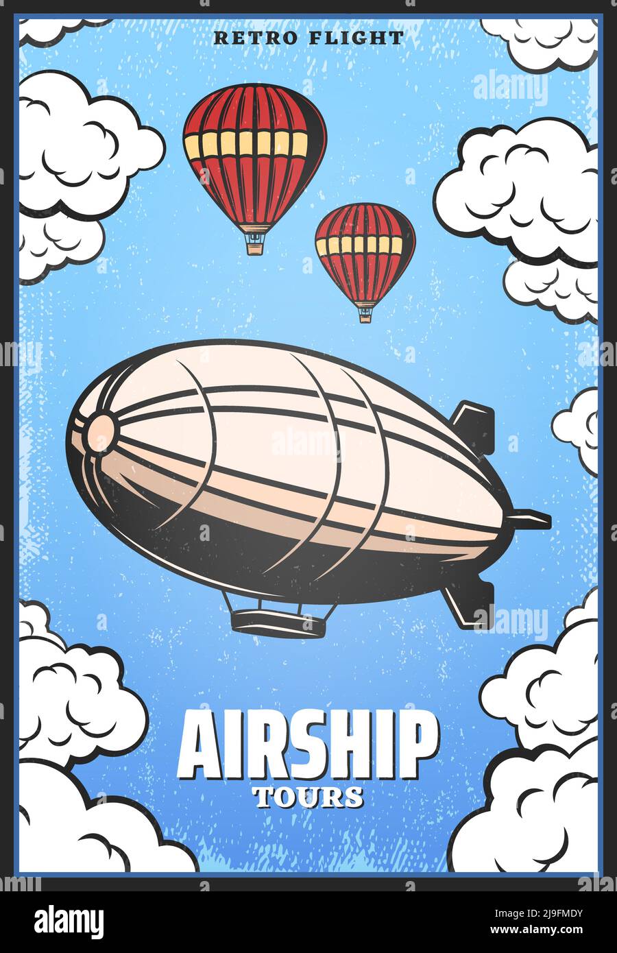 Vintage colored airship poster with zeppelin or digirible hot air ...