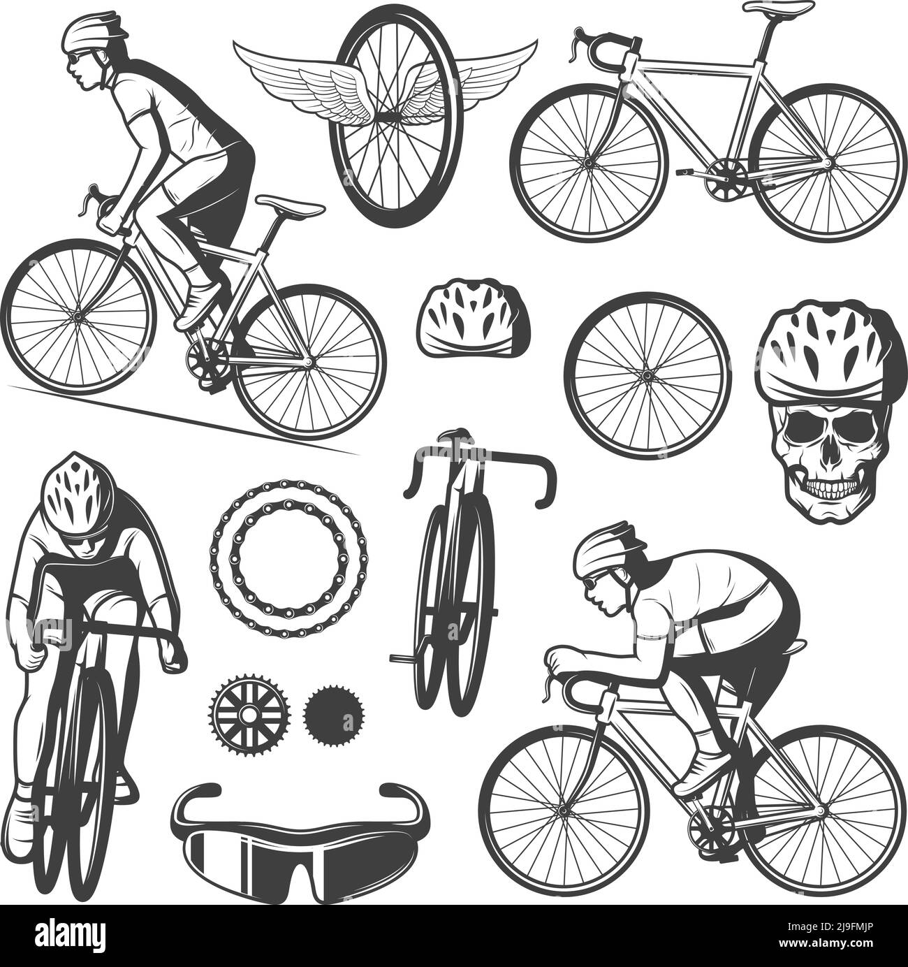 Vintage cycling elements collection with cyclists riding bicycles mask ...