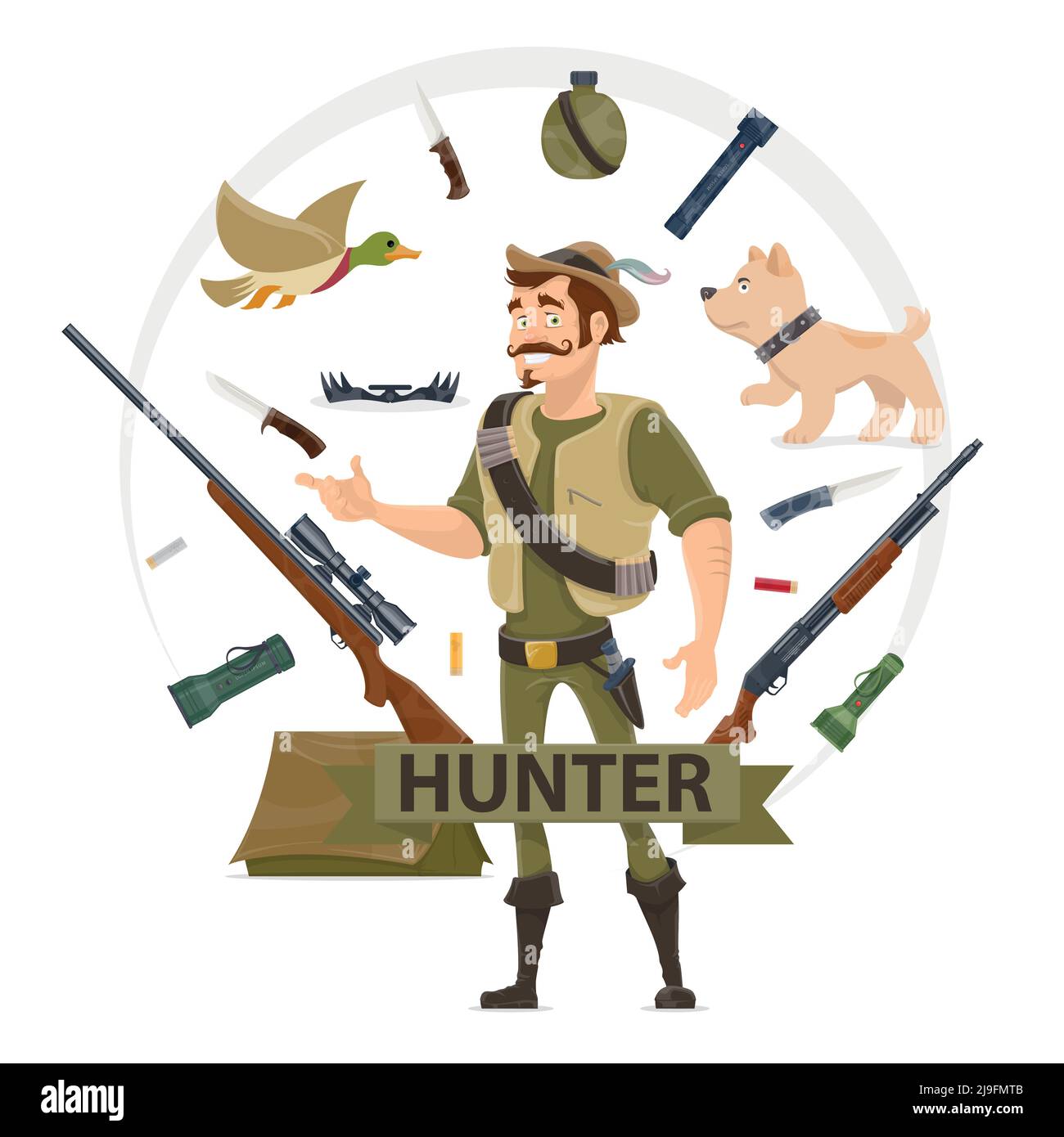 Colorful hunting elements concept with hunter weapons animals ...