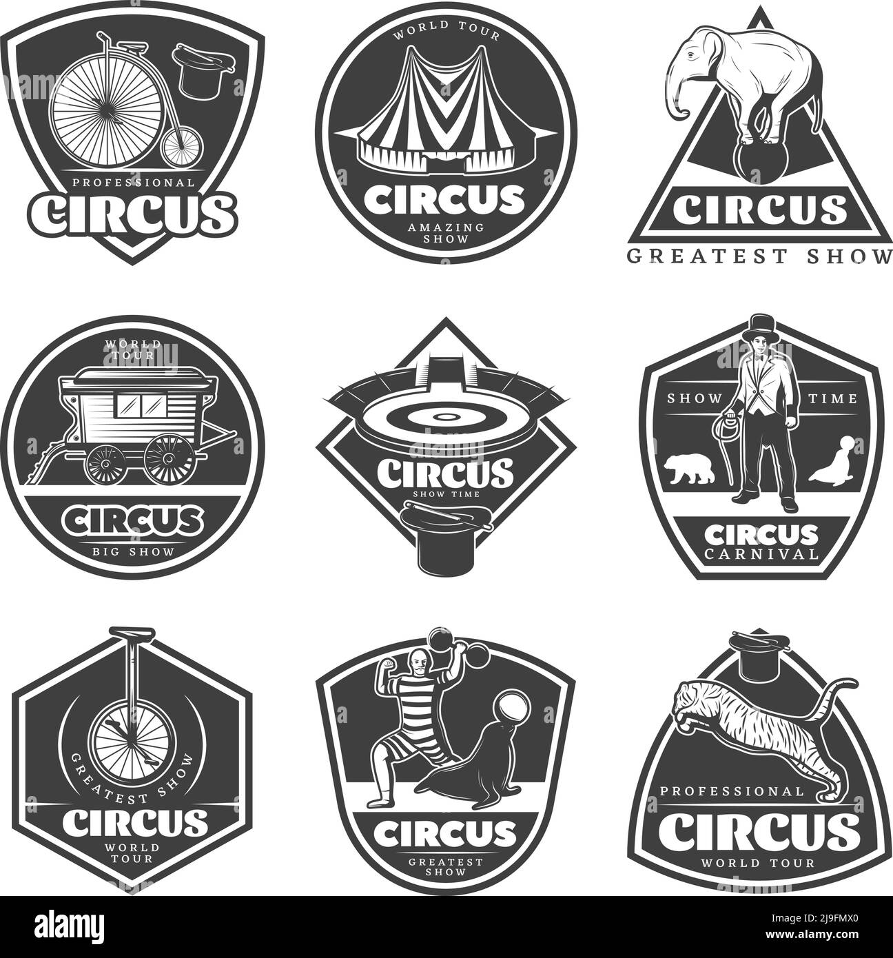 Vintage monochrome circus labels set with artists trained animals ...