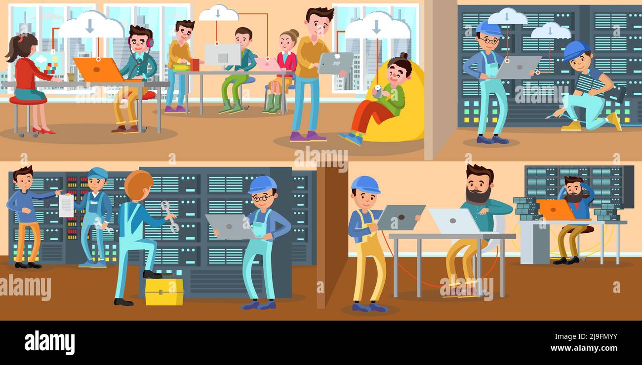 Technology engineer service horizontal banners with cloud storage ...