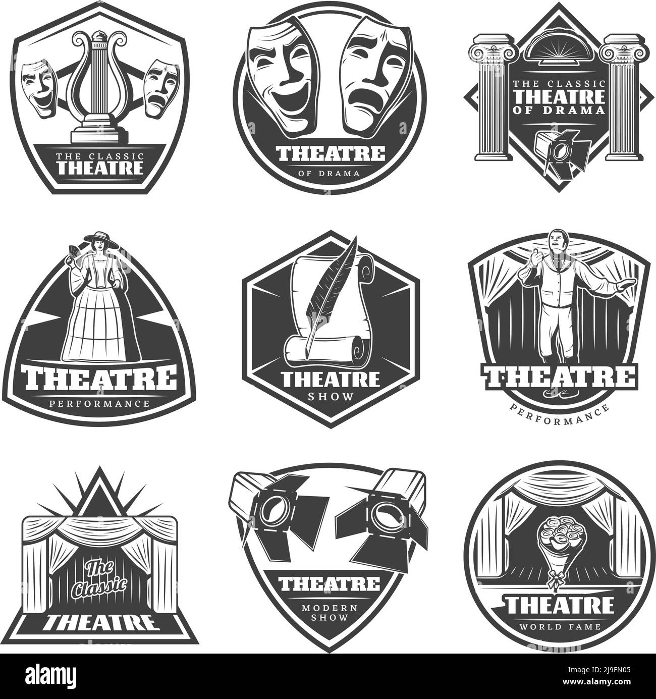 Vintage monochrome theatre labels set with theatrical performance ...