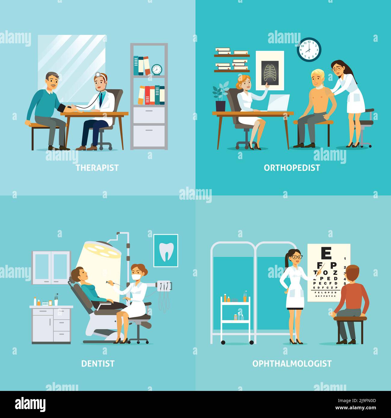 Medical treatment square composition with patients visiting different ...