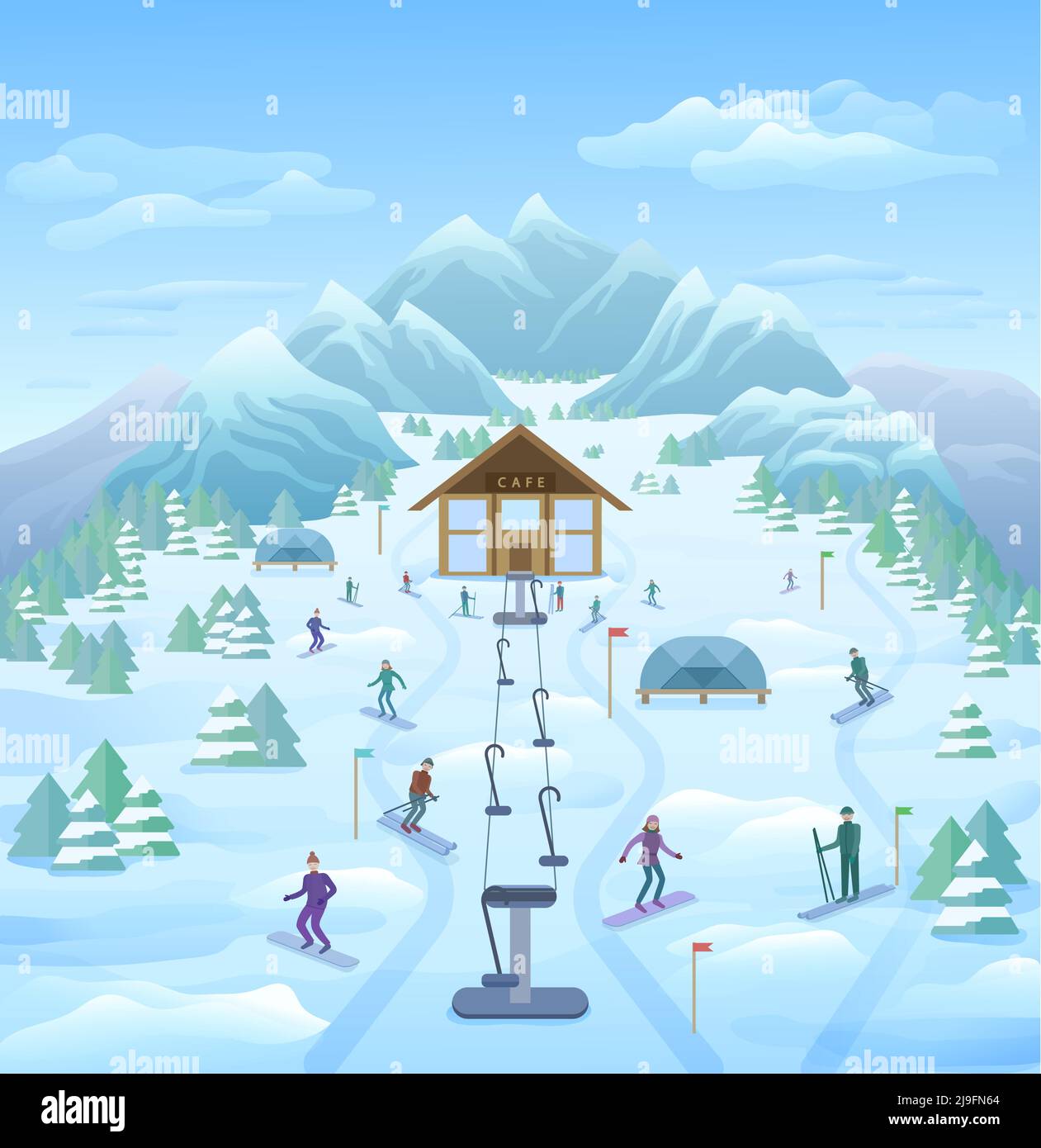Winter vacation outdoor template with skiing snowboarding people cafe ...