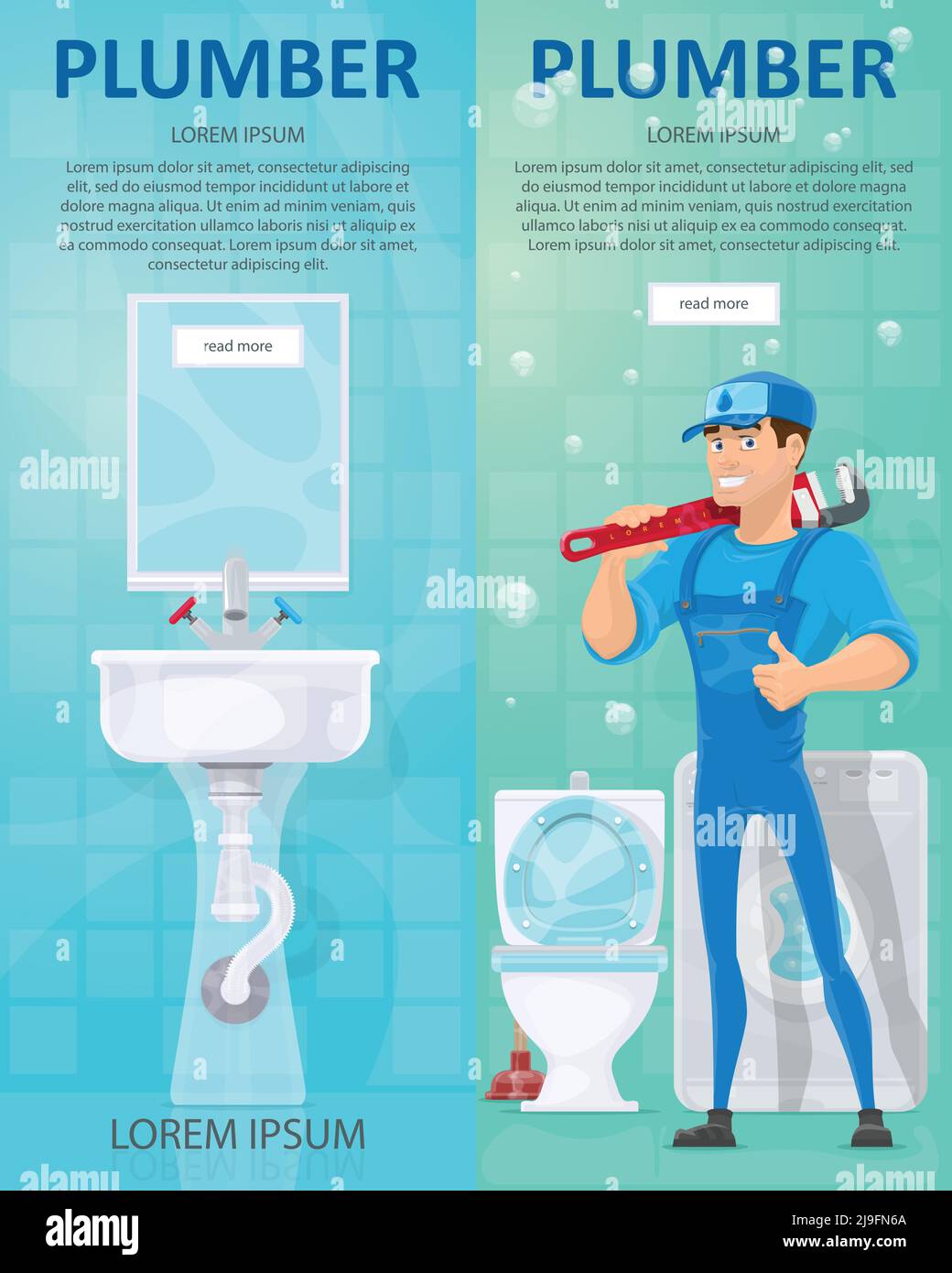 Plumbing vertical banners with plumber holding professional wrench ...