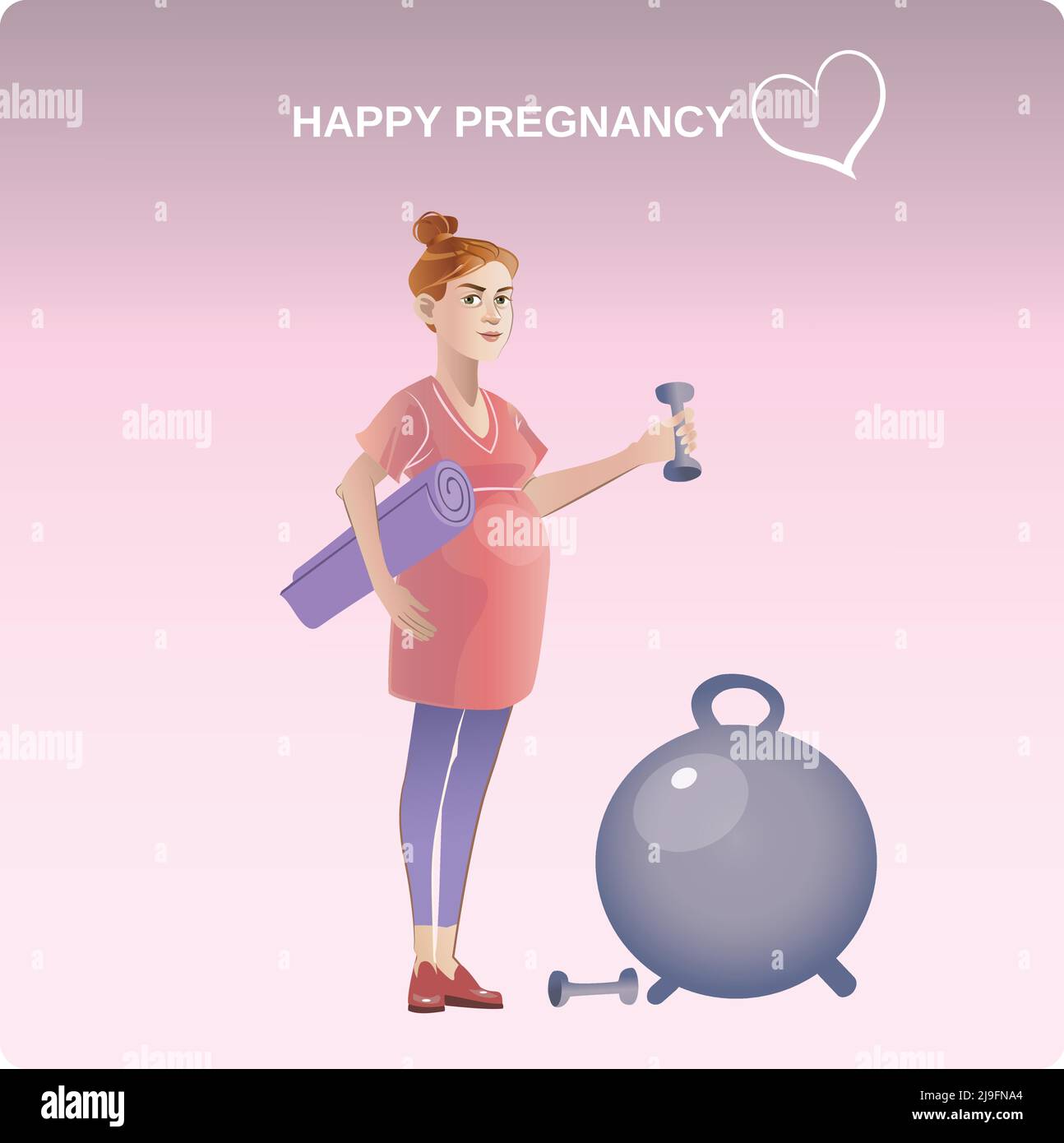 Cartoon healthy pregnancy concept with pregnant woman standing near gym ...