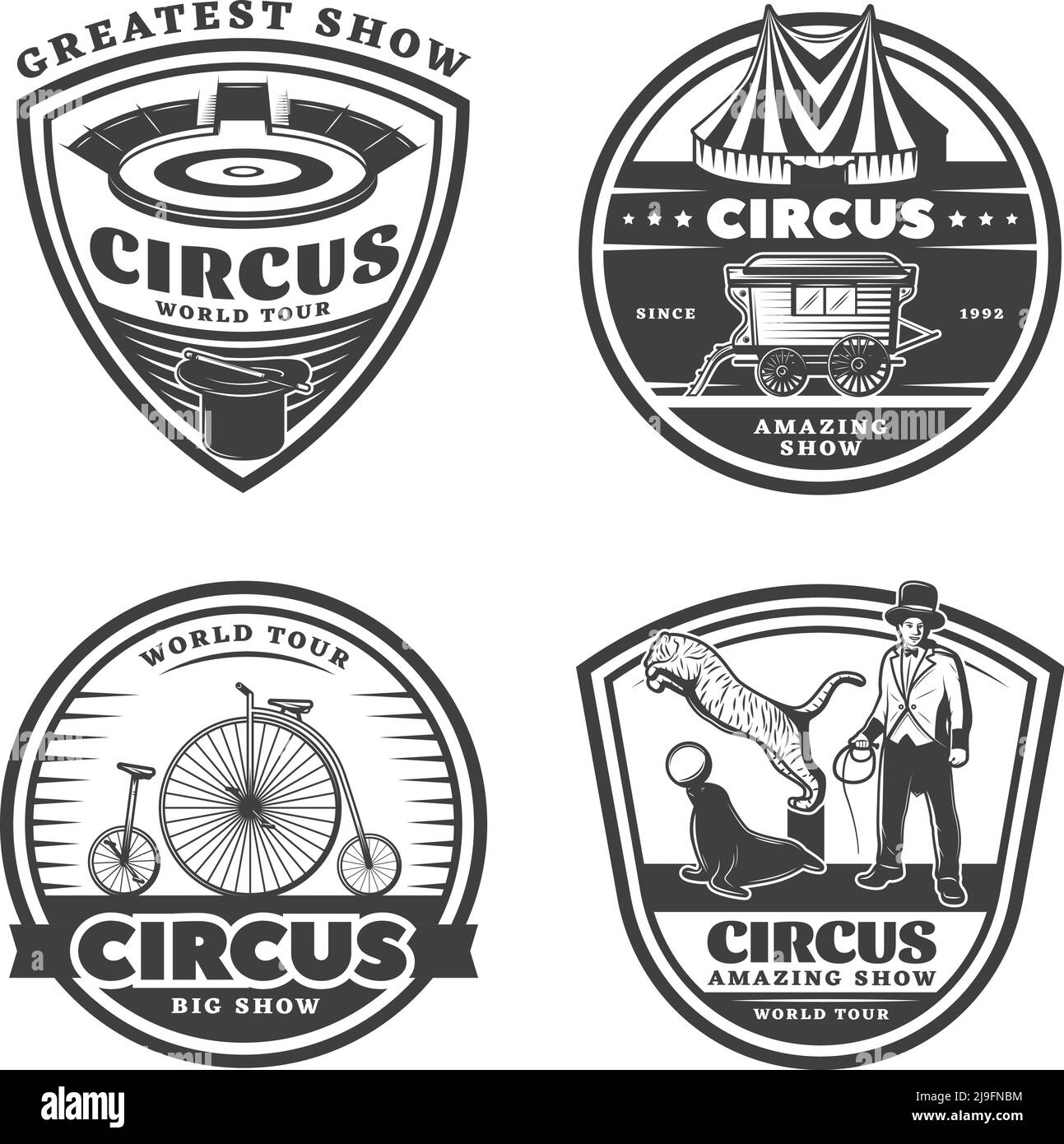 Black vintage circus emblems set with arena tent wagon trainer bicycle ...