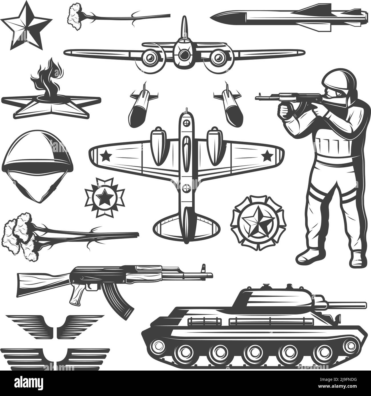 Vintage military elements collection with ground and air force missiles ...