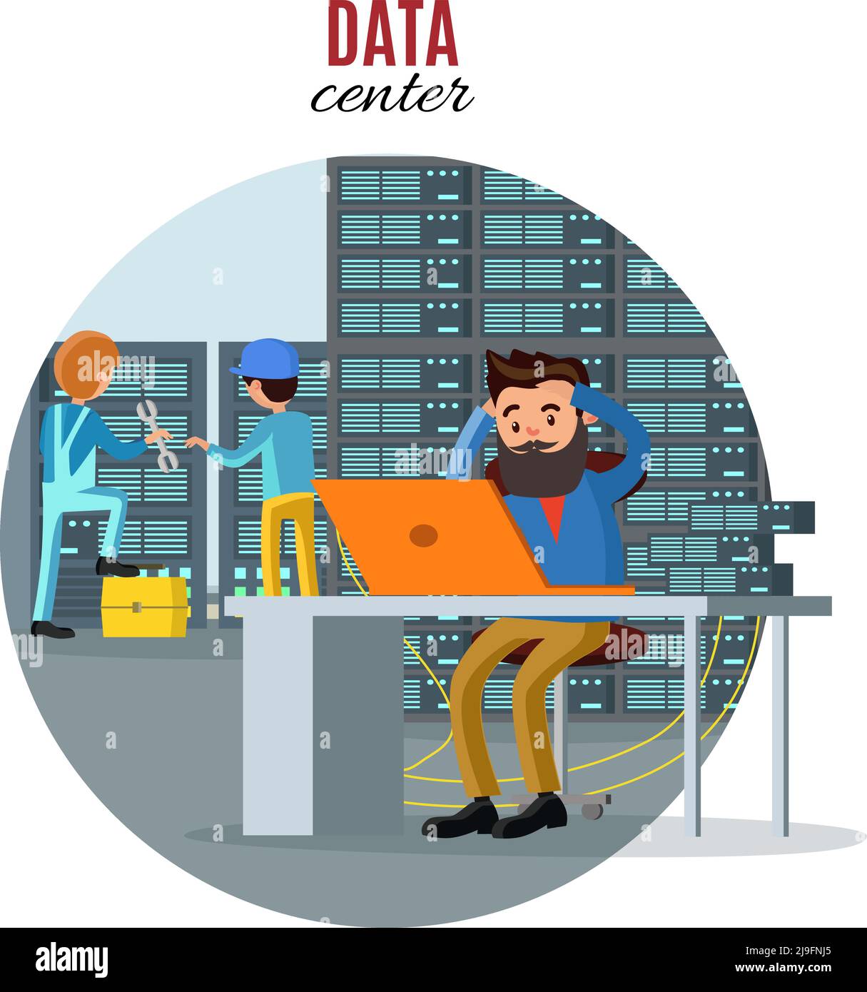 Technology repair service concept with engineers fixing problems and ...