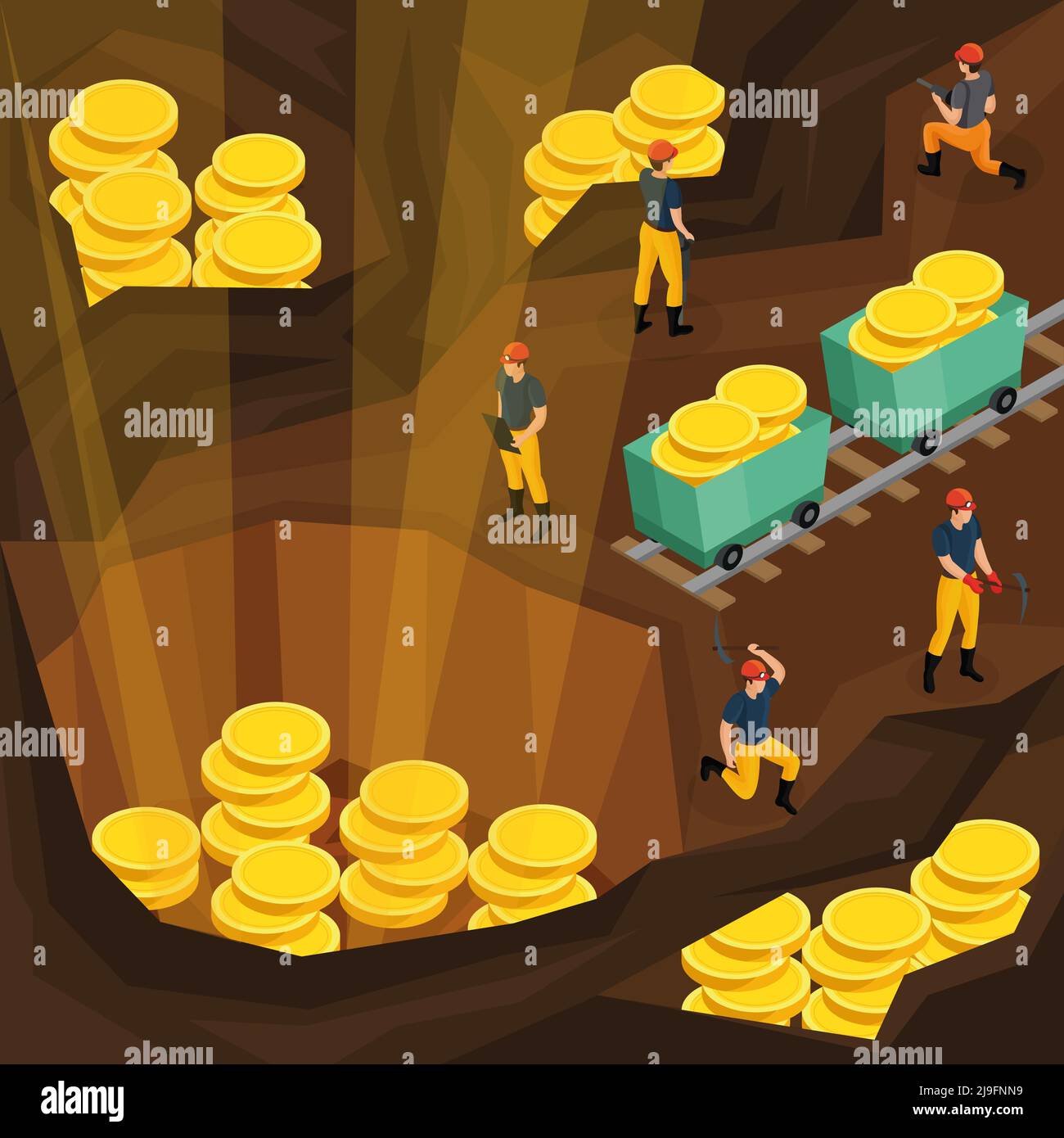 Isometric Mining Industry Concept With Miners Working In Mine And Extracting Gold Coins