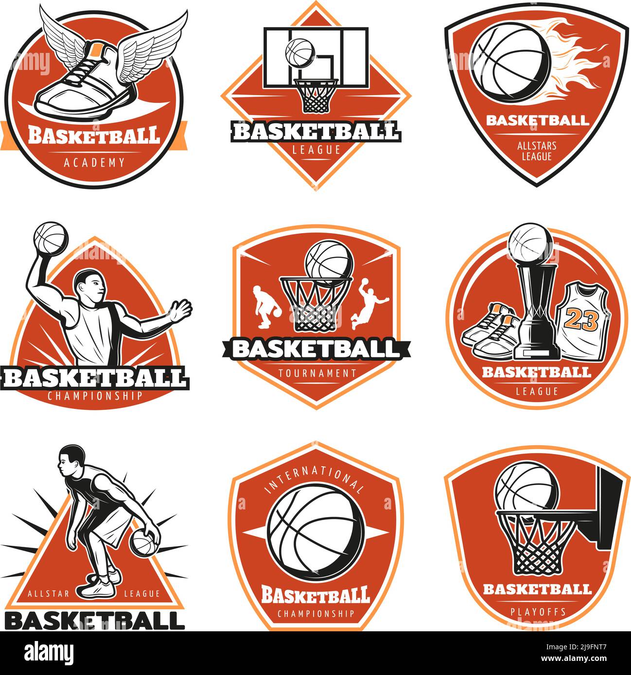 Colored vintage basketball labels set with players sport equipment cup ...