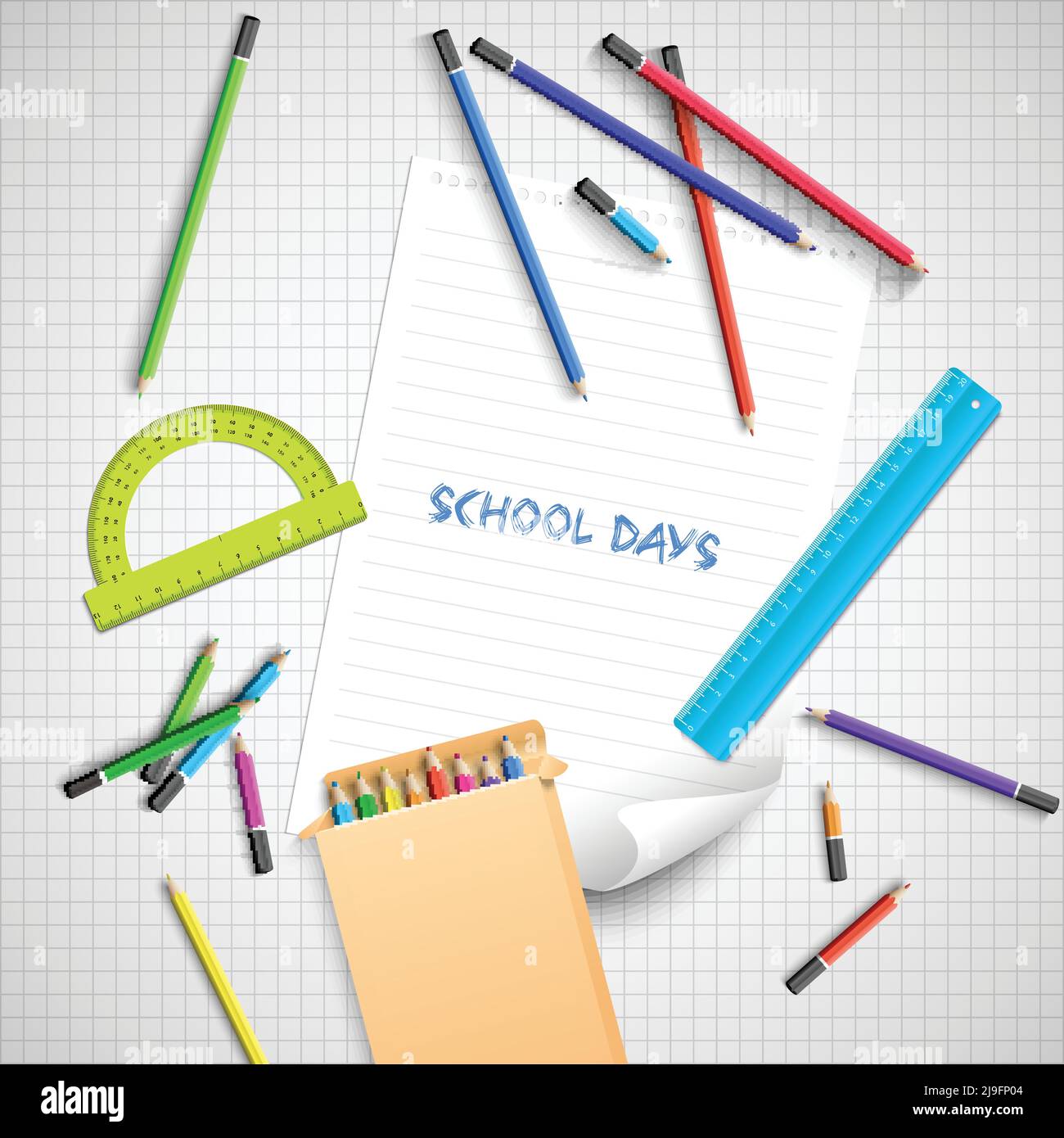 Back to school light background with colorful pencils ruler protractor ...