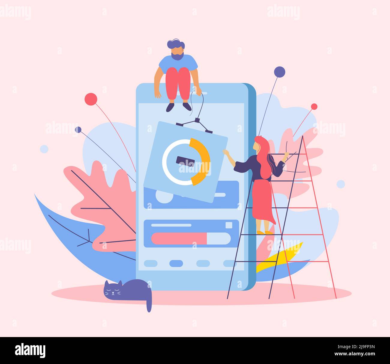 Web development flat composition with doodle human characters images of ...