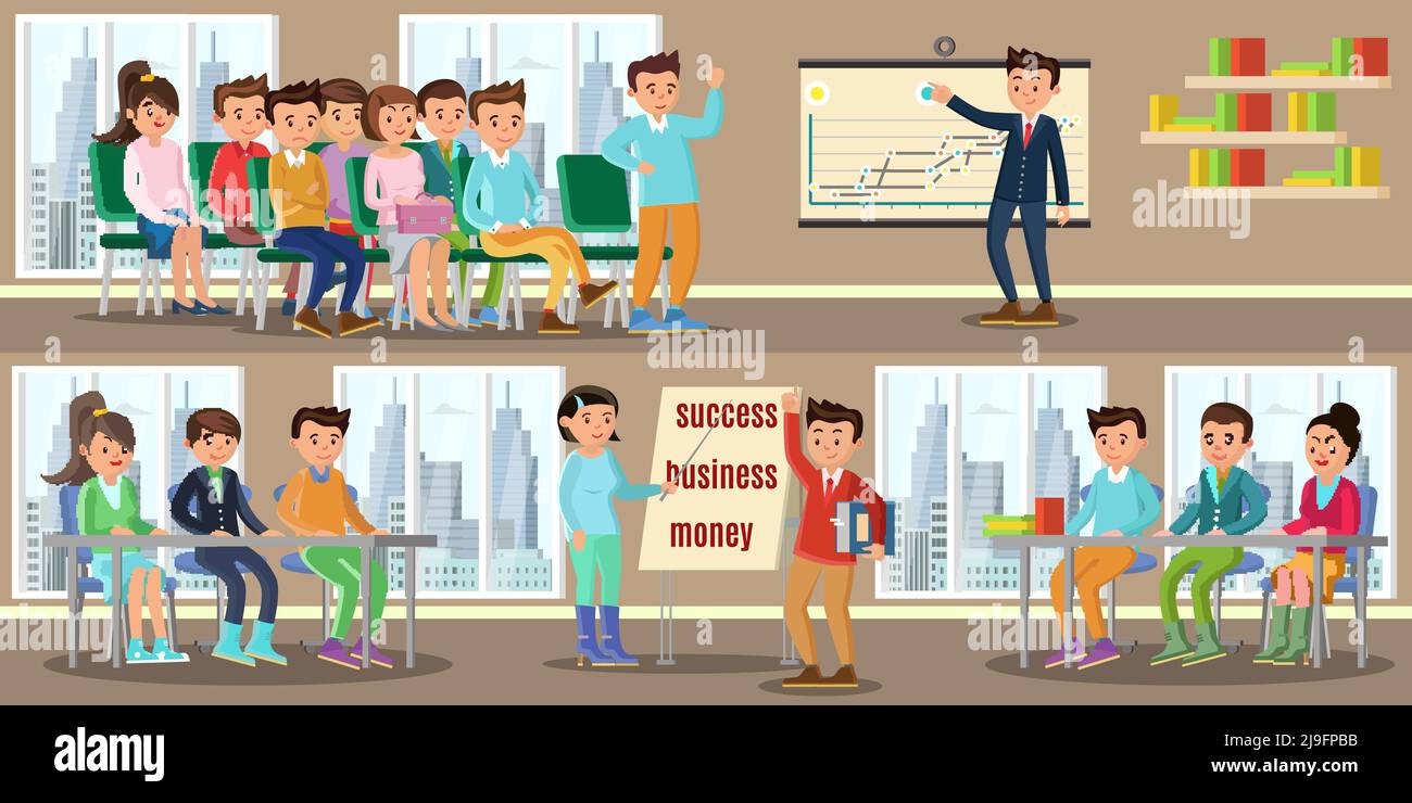 Colorful coaching horizontal banners with people on business training ...